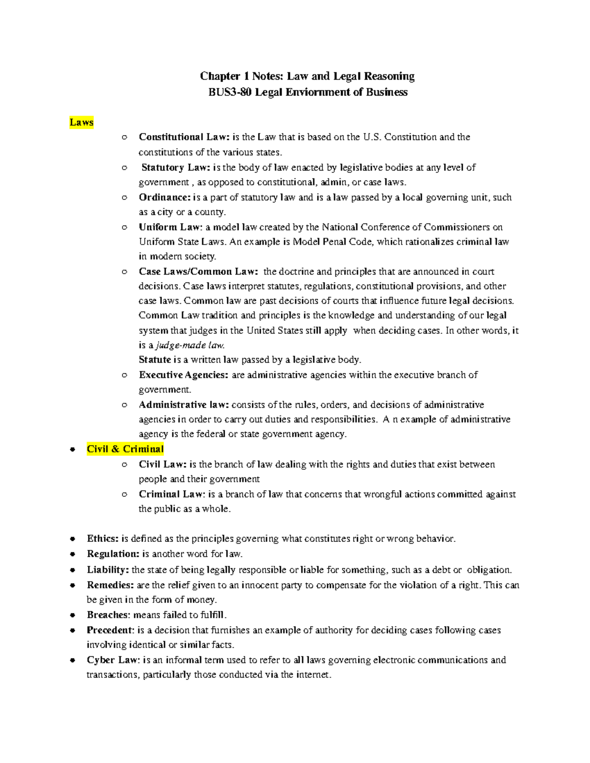 BUS3-80 Chapter 1-2 Lecture Notes - Chapter 1 Notes: Law and Legal ...