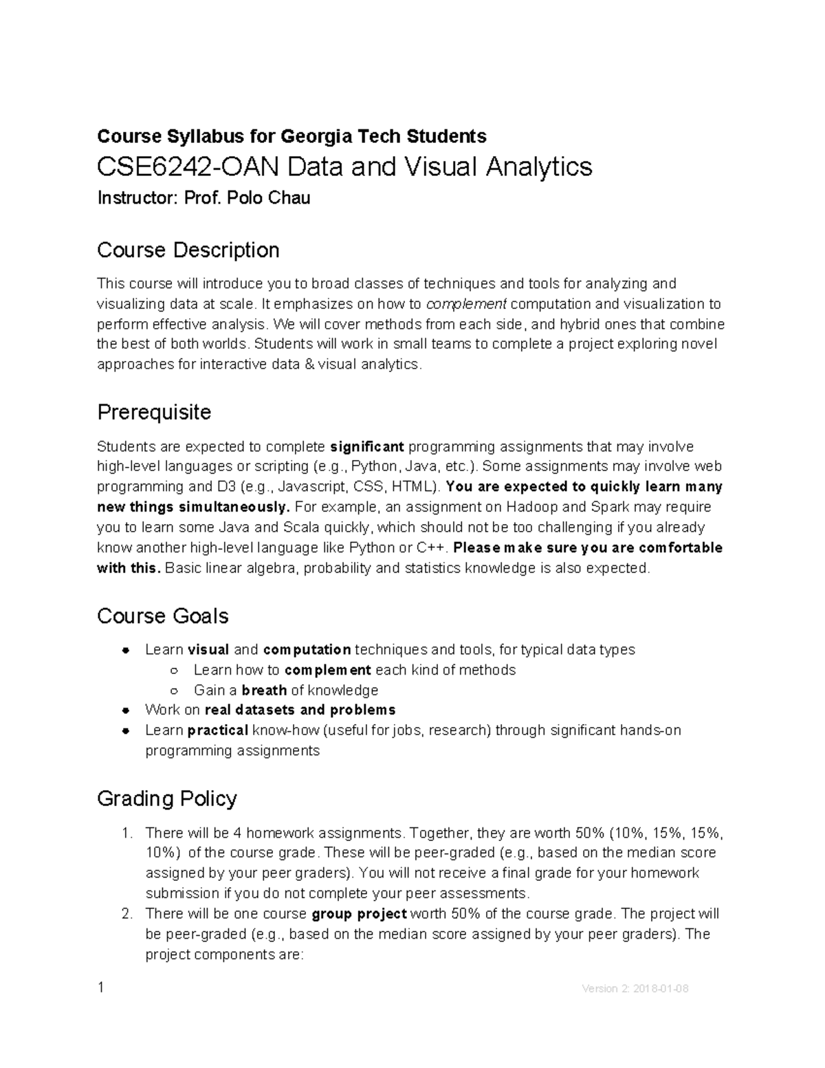Cse6242oan syllabus - N/A - Course Syllabus for Georgia Tech Students CSE6242-OAN Data and ...