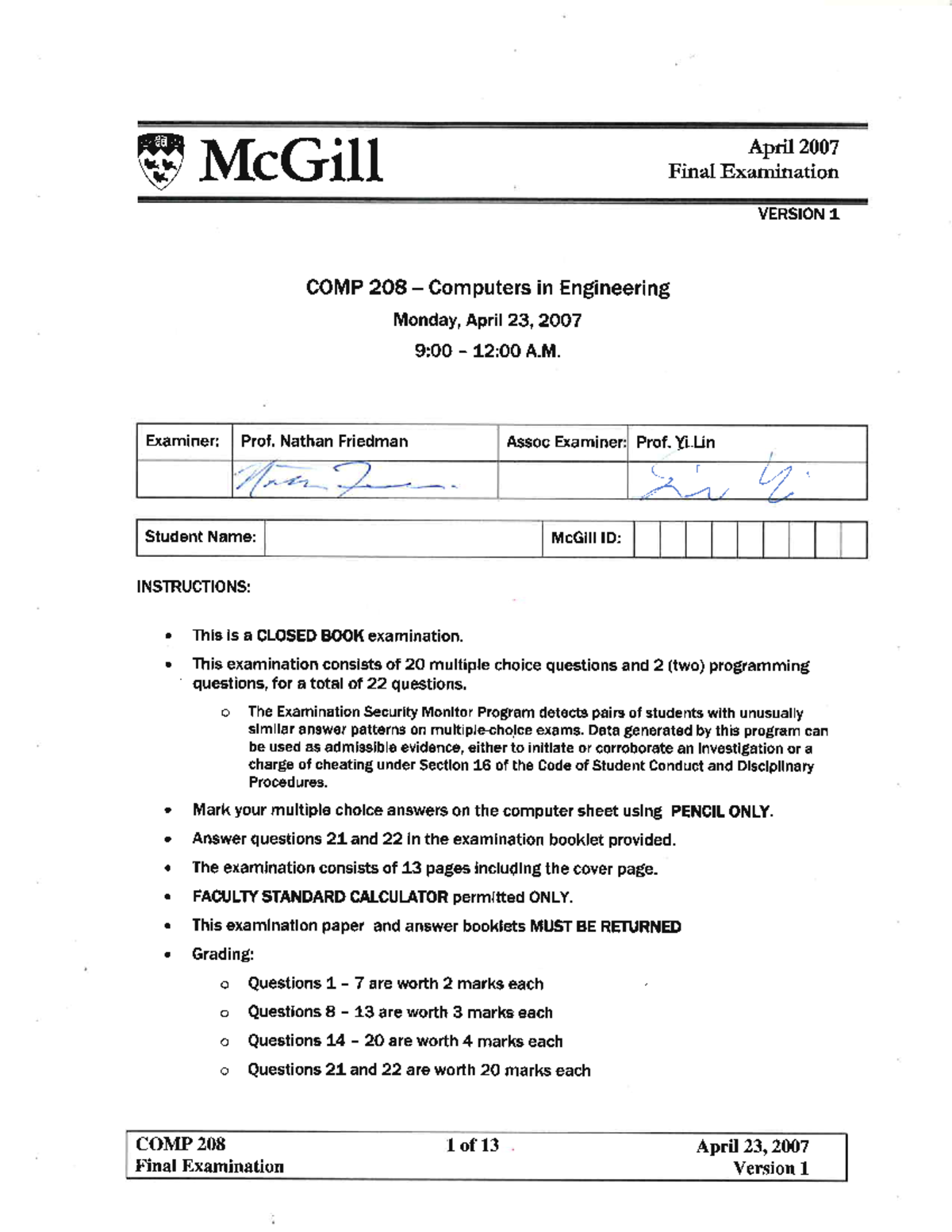 COMP 208 april 2007 - Practice/Exam - Comp 208 - Studocu