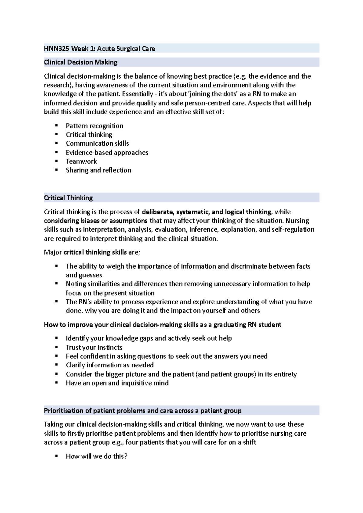 HNN325 Notes - HNN325 Week 1: Acute Surgical Care Clinical Decision ...