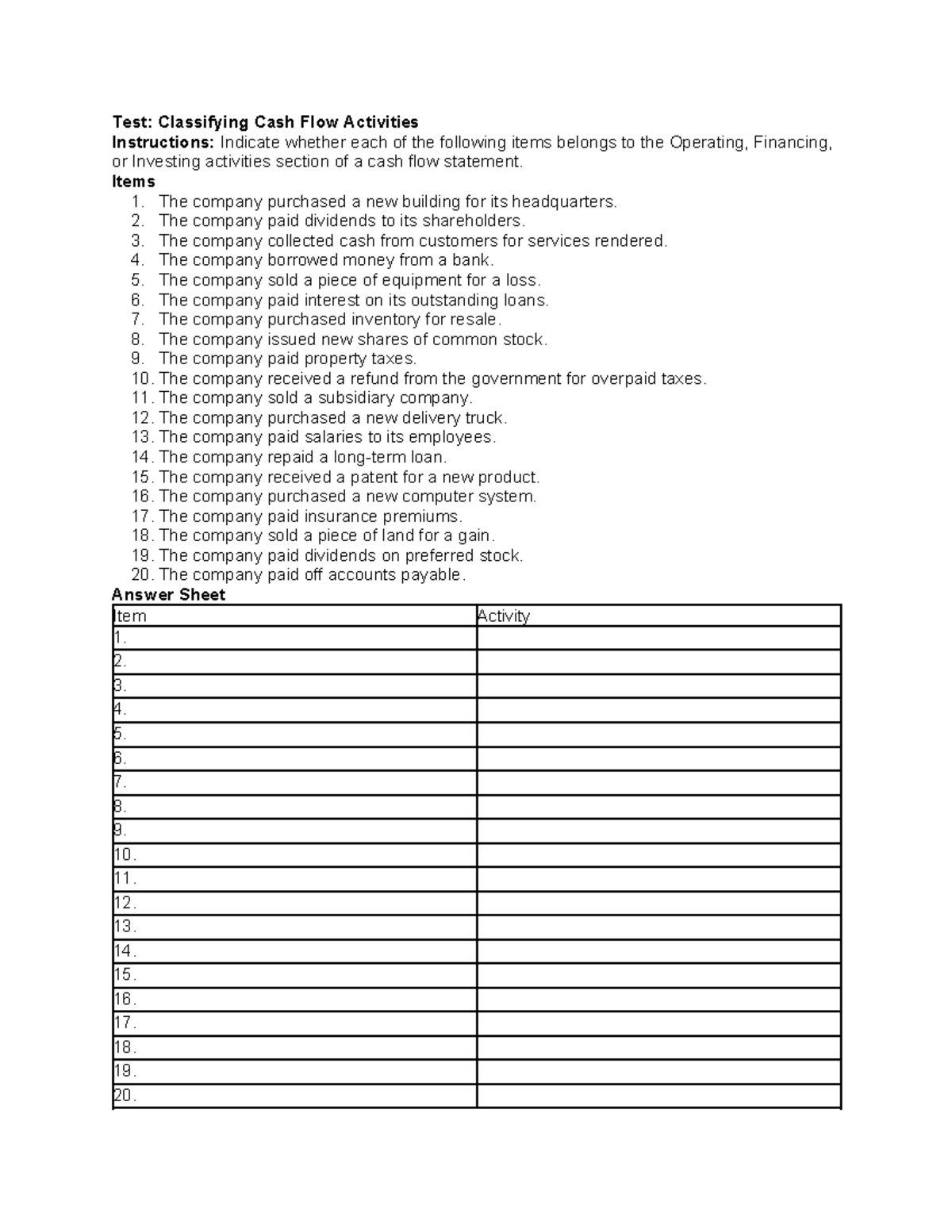 Finma-pretest - Summary - Test: Classifying Cash Flow Activities ...