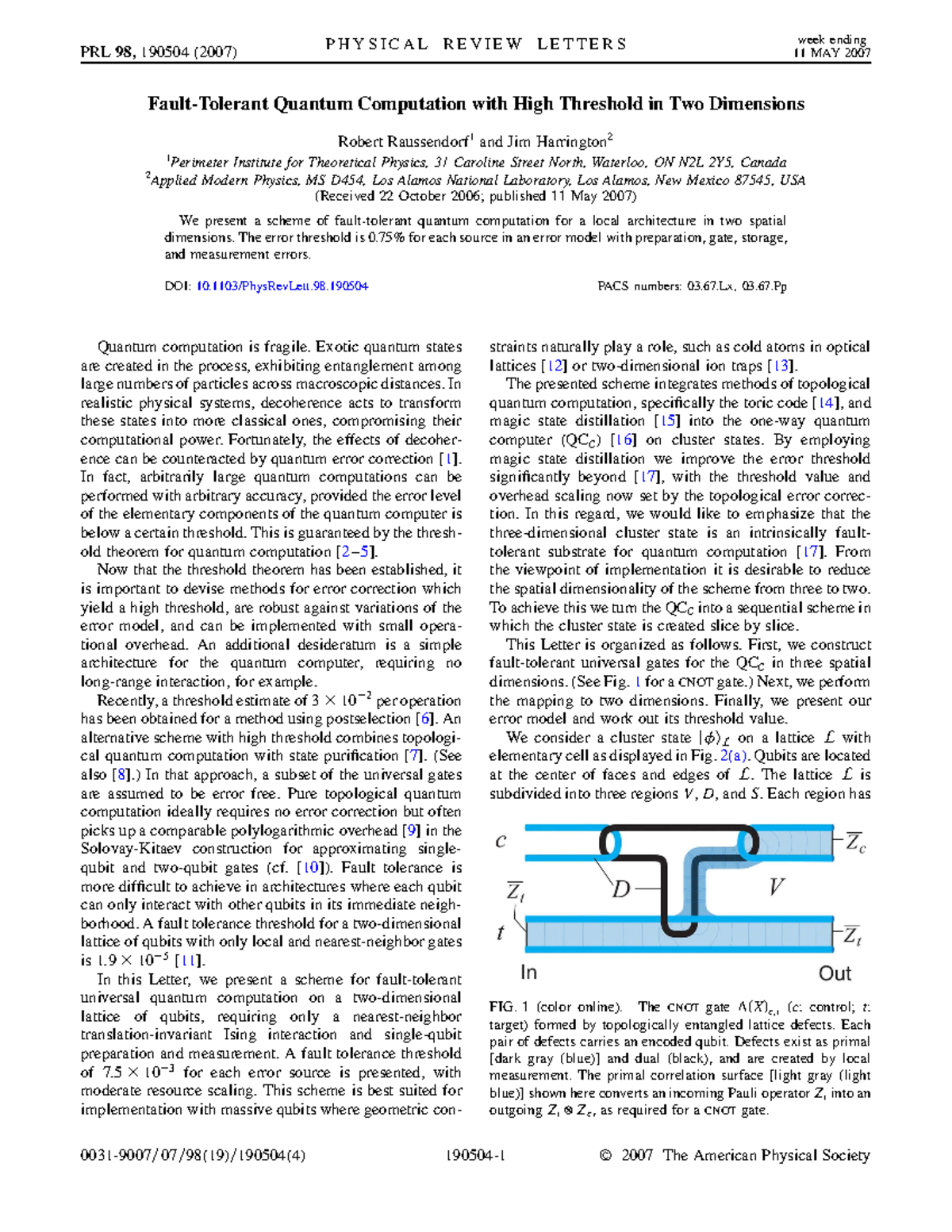 Phys Rev Lett - Fault-Tolerant Quantum Computation with High Threshold ...