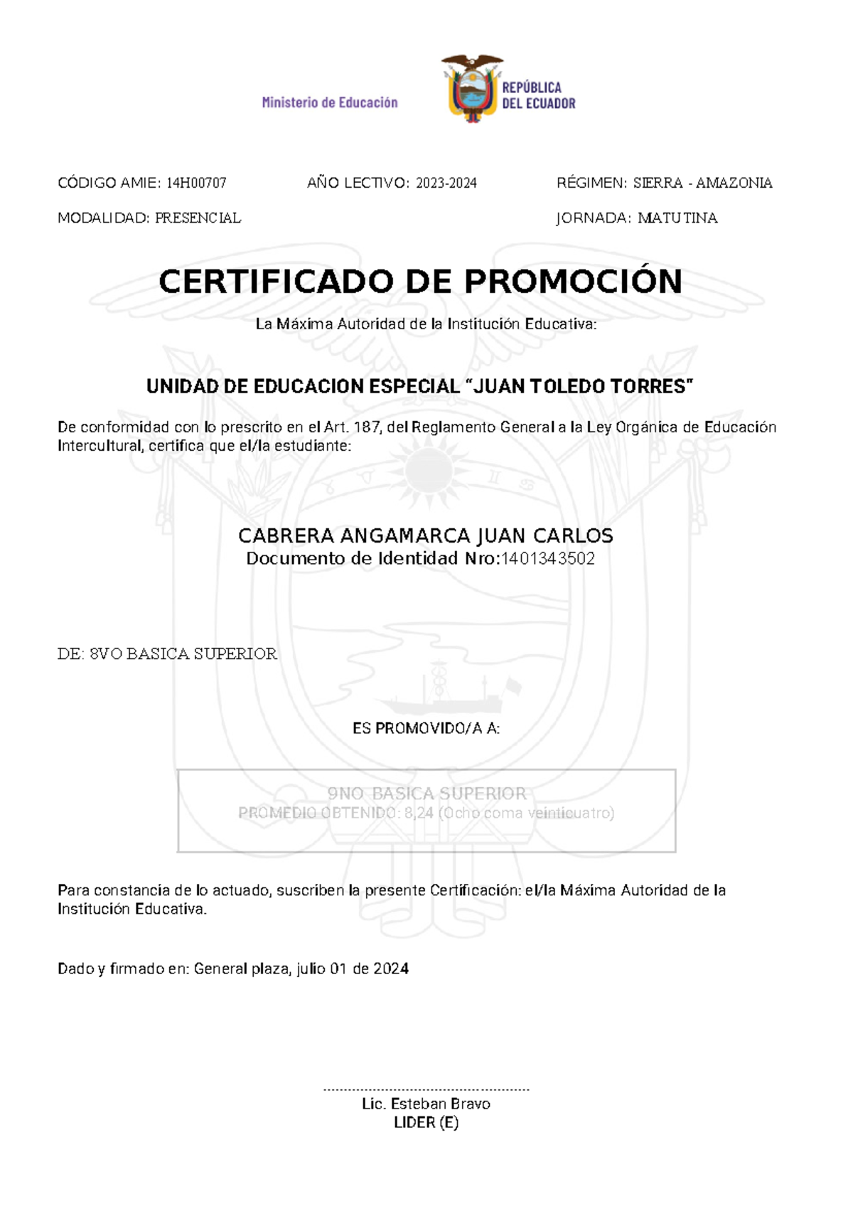 Certificados DE Promocion 2024 - 9NO BASICA SUPERIOR PROMEDIO OBTENIDO ...