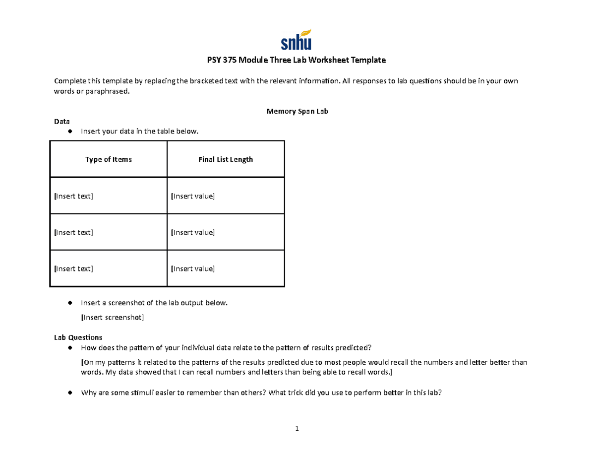 PSY 375 Module Three Lab Worksheet Template - PSY 375 Module Three Lab ...