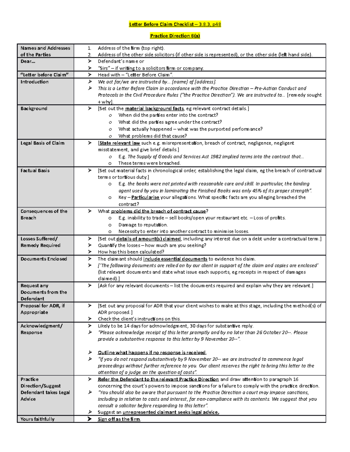 Letter Before Claim Checklist - 8, p Practice Direction 6(a) Names and ...