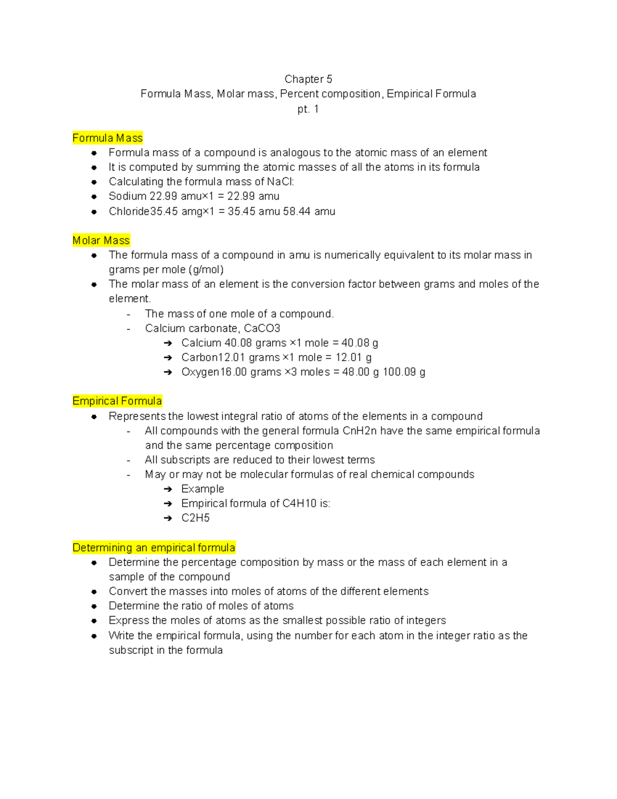 Chapter 5 pt. 1 - Lecture notes 13 - Chapter 5 Formula Mass, Molar mass ...