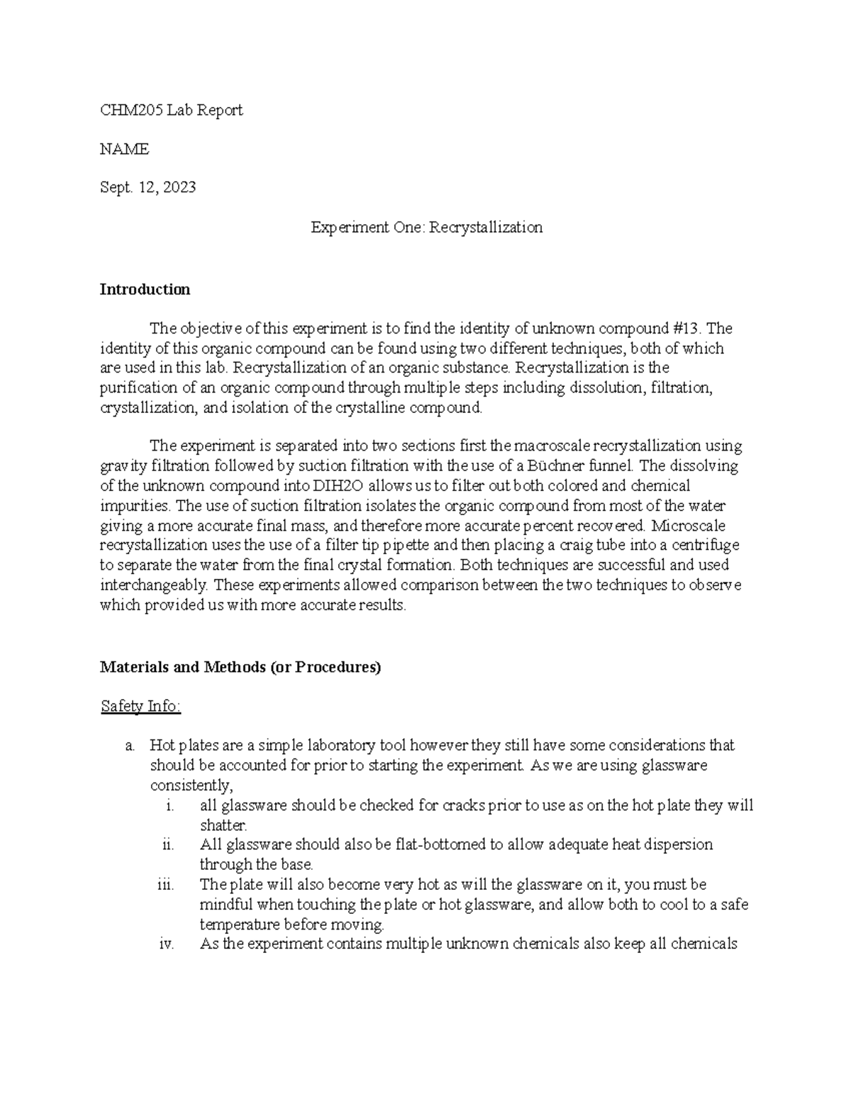Experiment 1: Recrystalization - CHM205 Lab Report NAME Sept. 12, 2023 ...