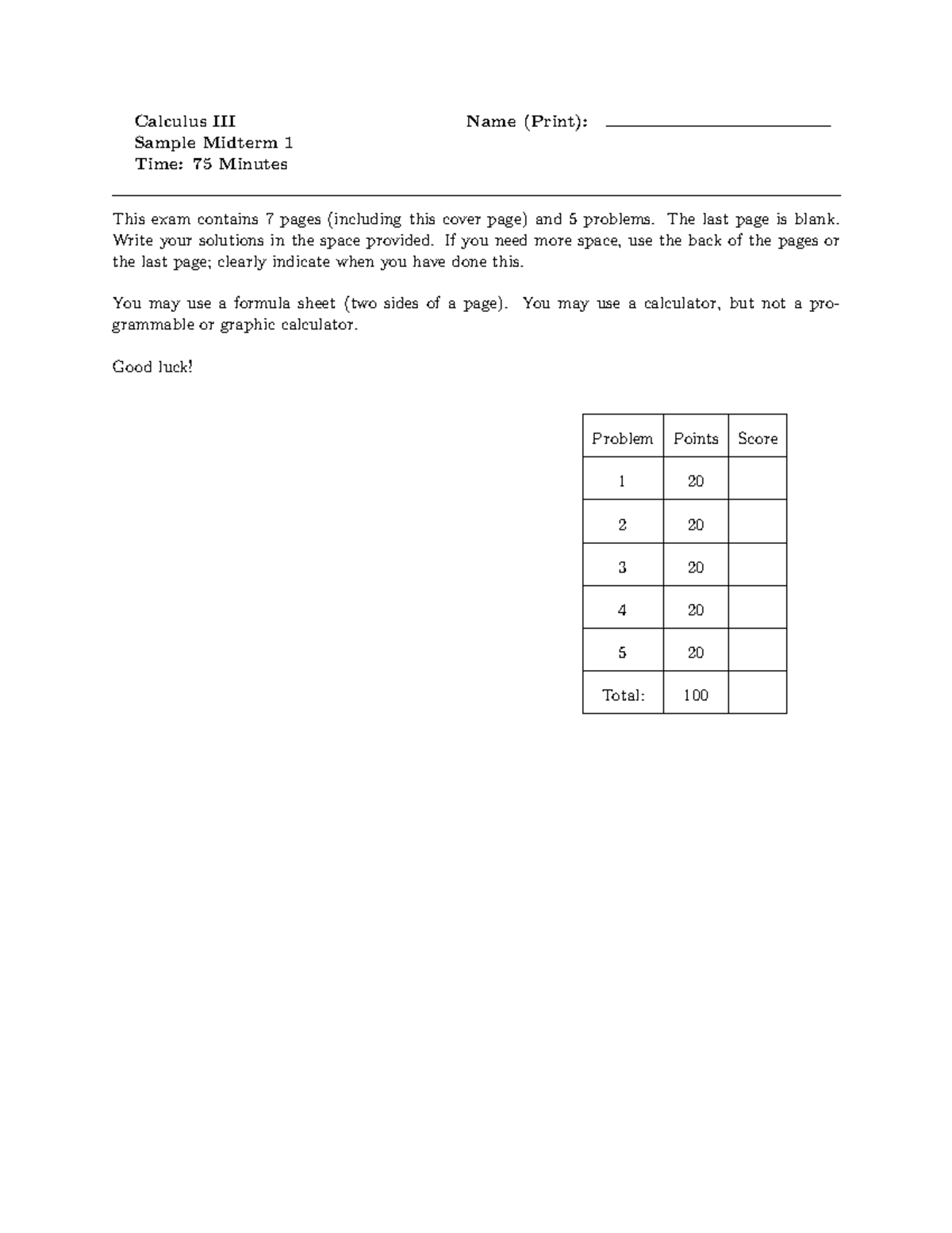 Sample-Midterm 1 - eurufeiuefefriu - Calculus III Name (Print): Sample ...