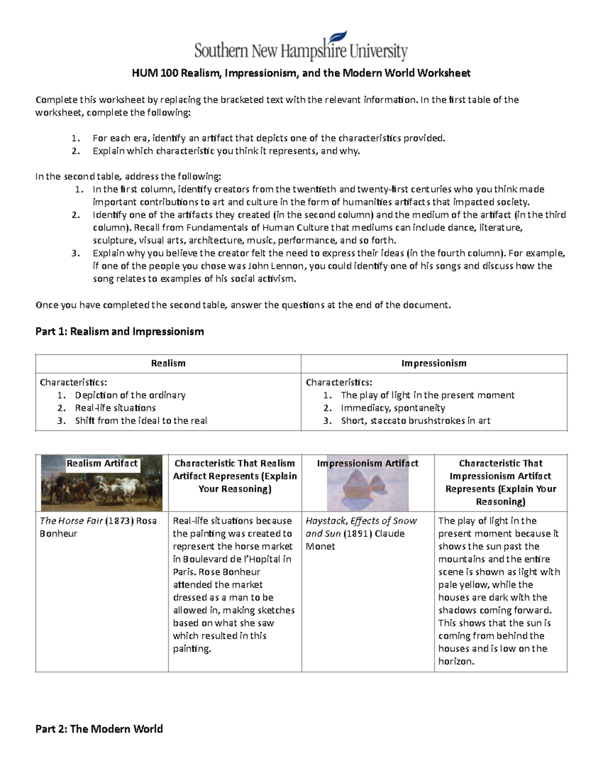 Realism, Impressionism, and the Modern World Worksheet - In the first ...