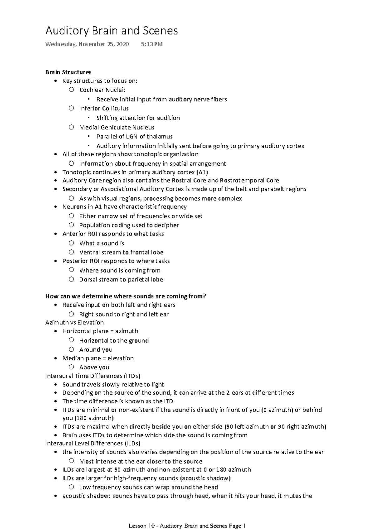 Lesson 10 - Auditory Brain and Scenes - Brain Structures Key structures ...