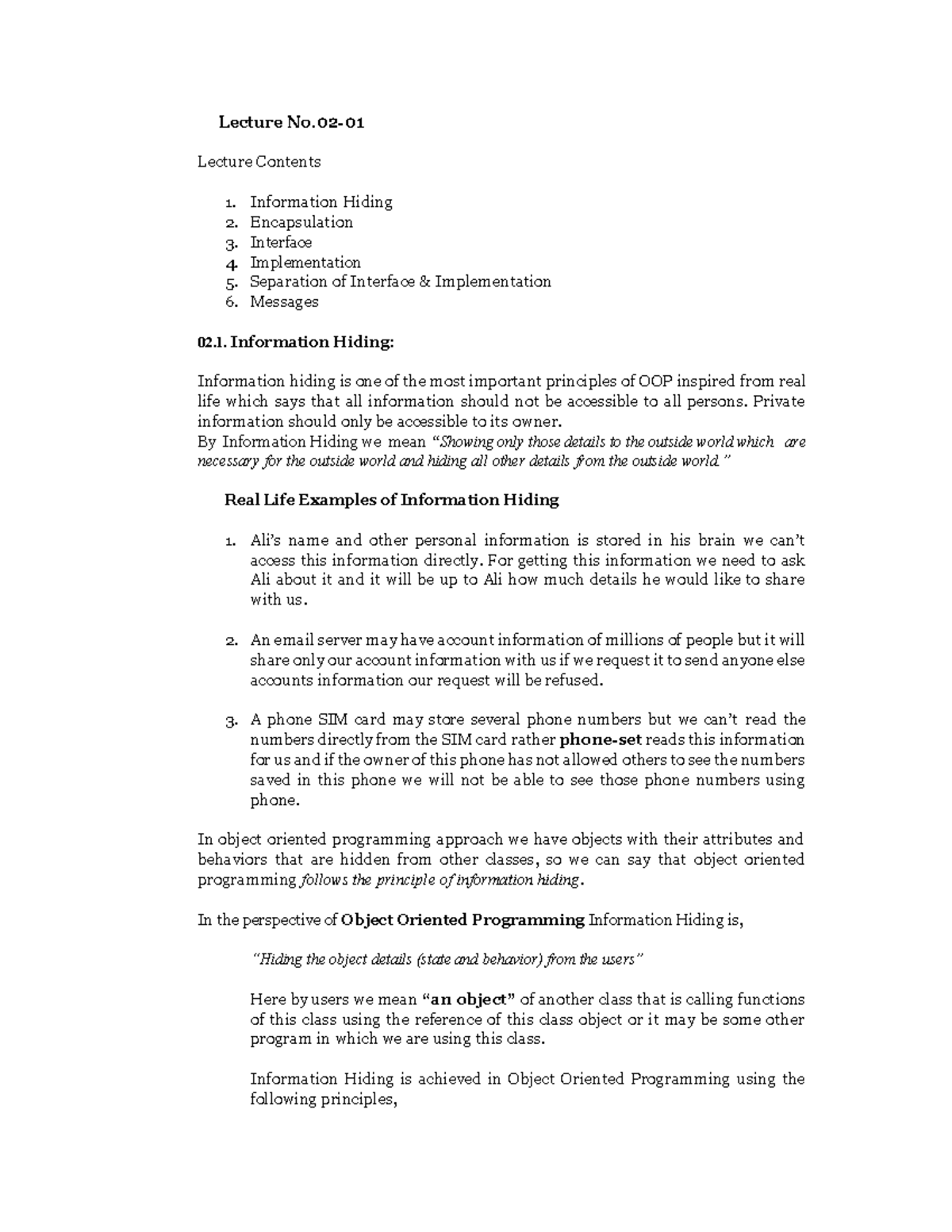 Lecture 2-1 - Lecture No- Lecture Contents Information Hiding Encapsulation Interface ...