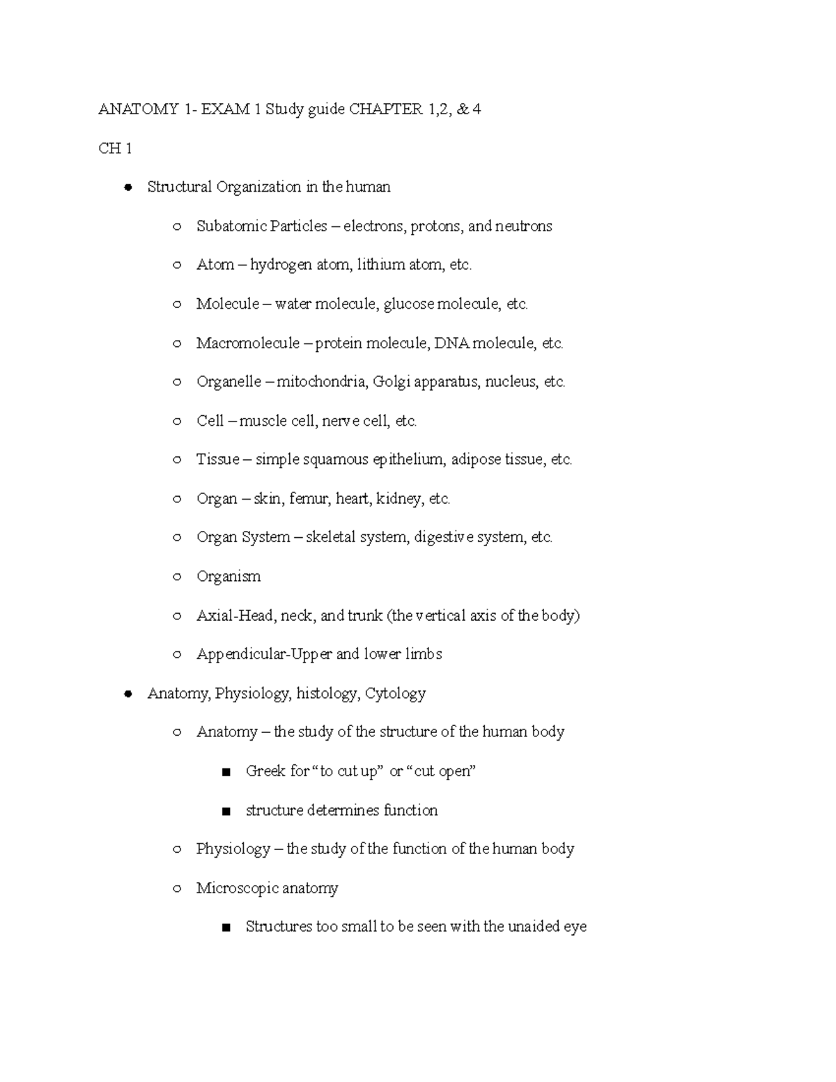 Anatomy 1 Exam 1 Study Guide - ANATOMY 1- EXAM 1 Study guide CHAPTER 1 ...