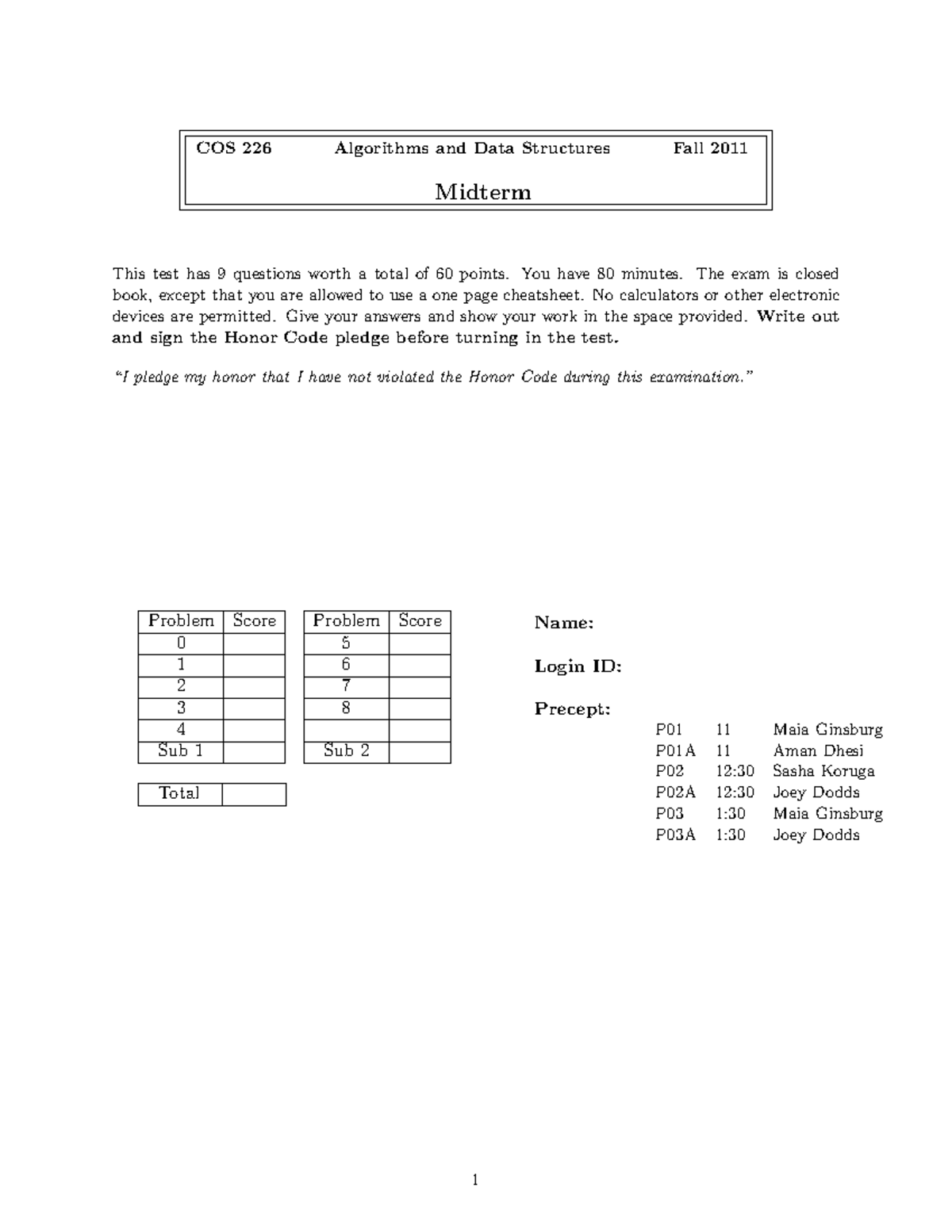 Mid-f11 - COS 226 Algorithms and Data Structures Fall 2011 Midterm This ...