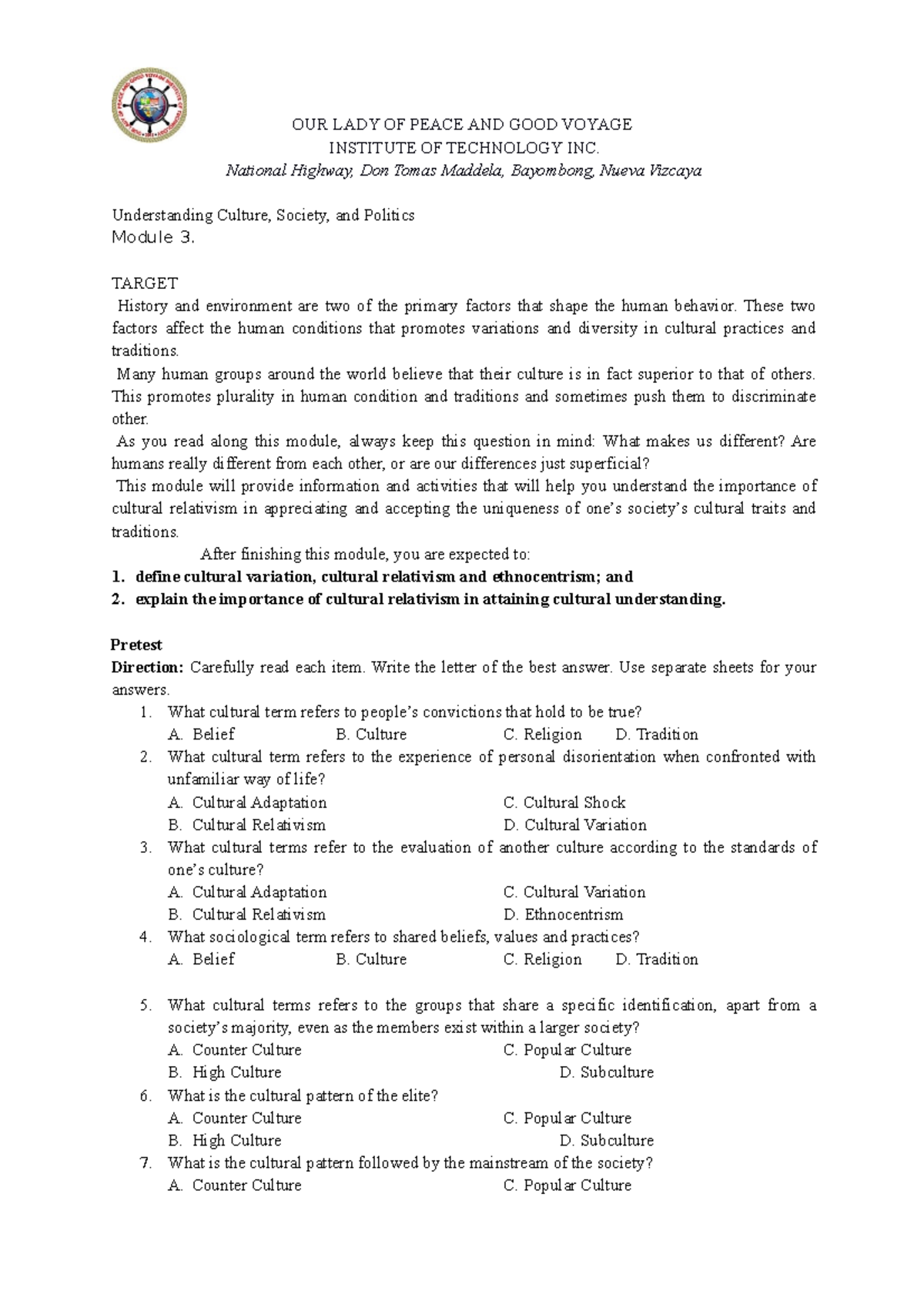 UCSP Module 3 - OUR LADY OF PEACE AND GOOD VOYAGE INSTITUTE OF ...