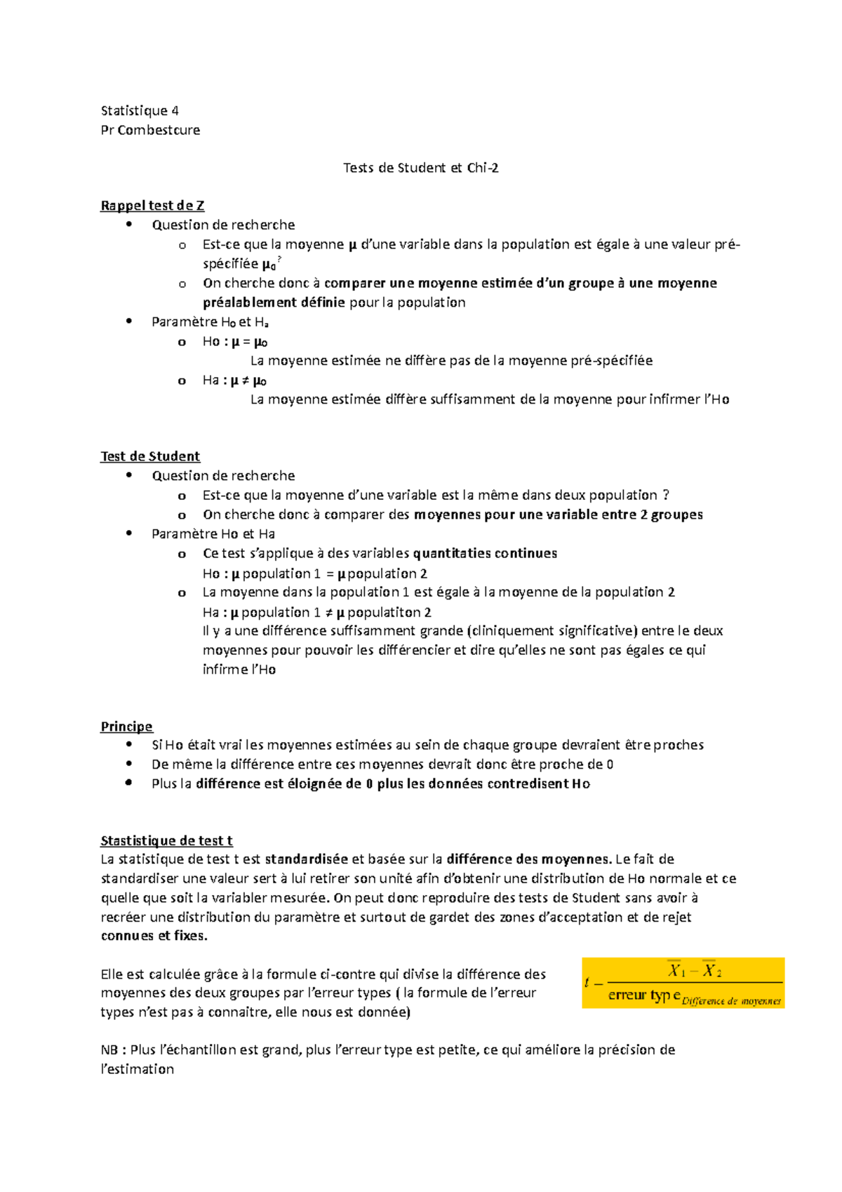 4) Tests de Student et Chi-2 - Statistique 4 Pr Combestcure Tests de ...