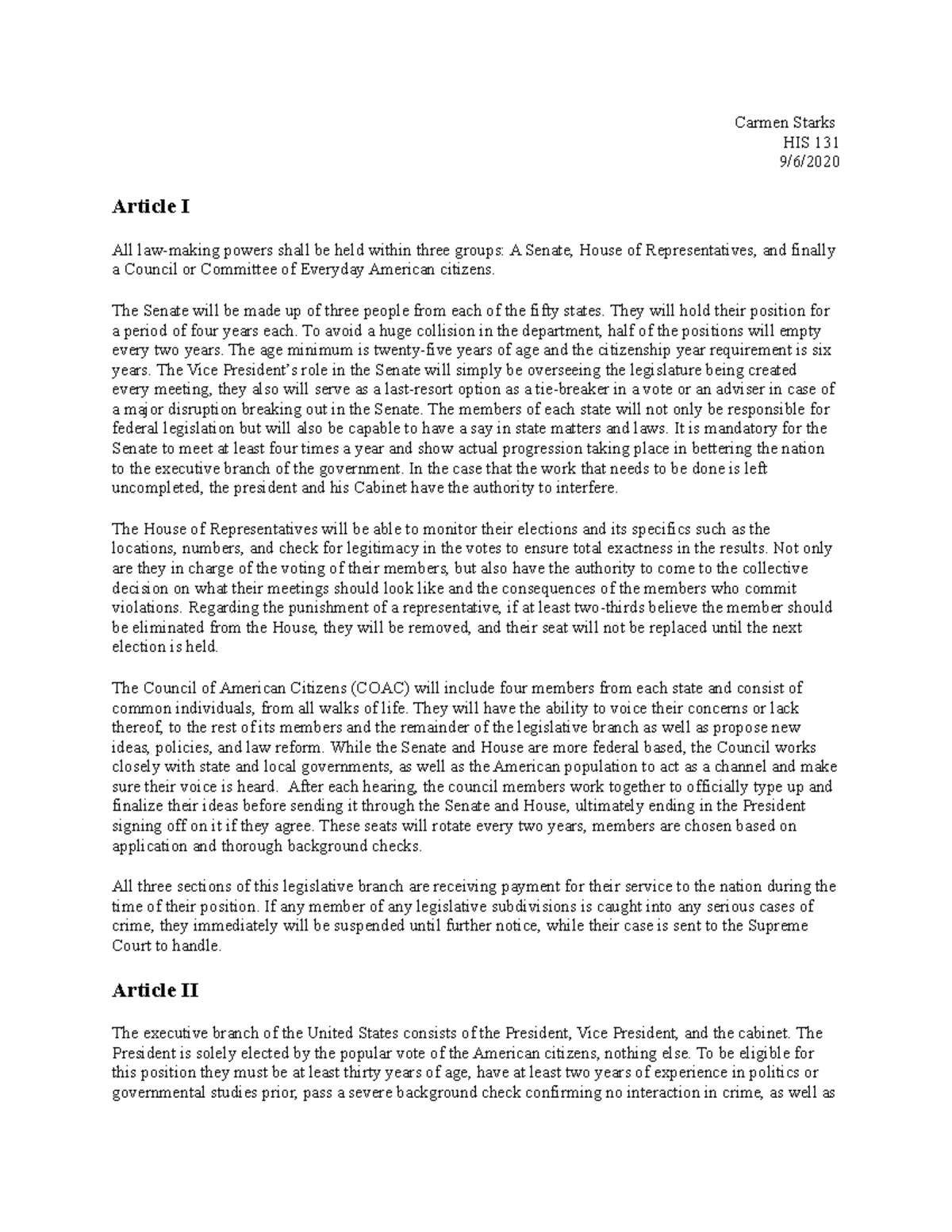 HW #3- Writing Your Own Constitution - Carmen Starks HIS 131 9/6 ...