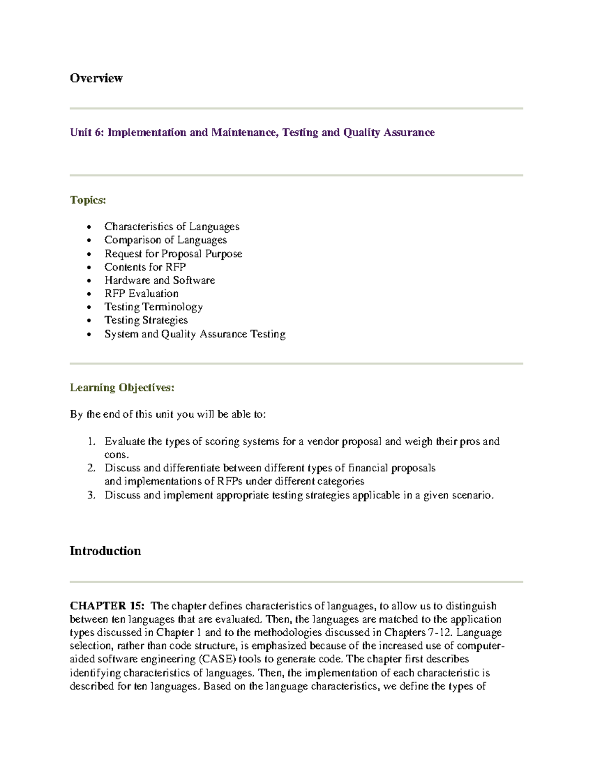 Learning Guide Unit 6 Overview Unit 6 Implementation And Maintenance Testing And Quality