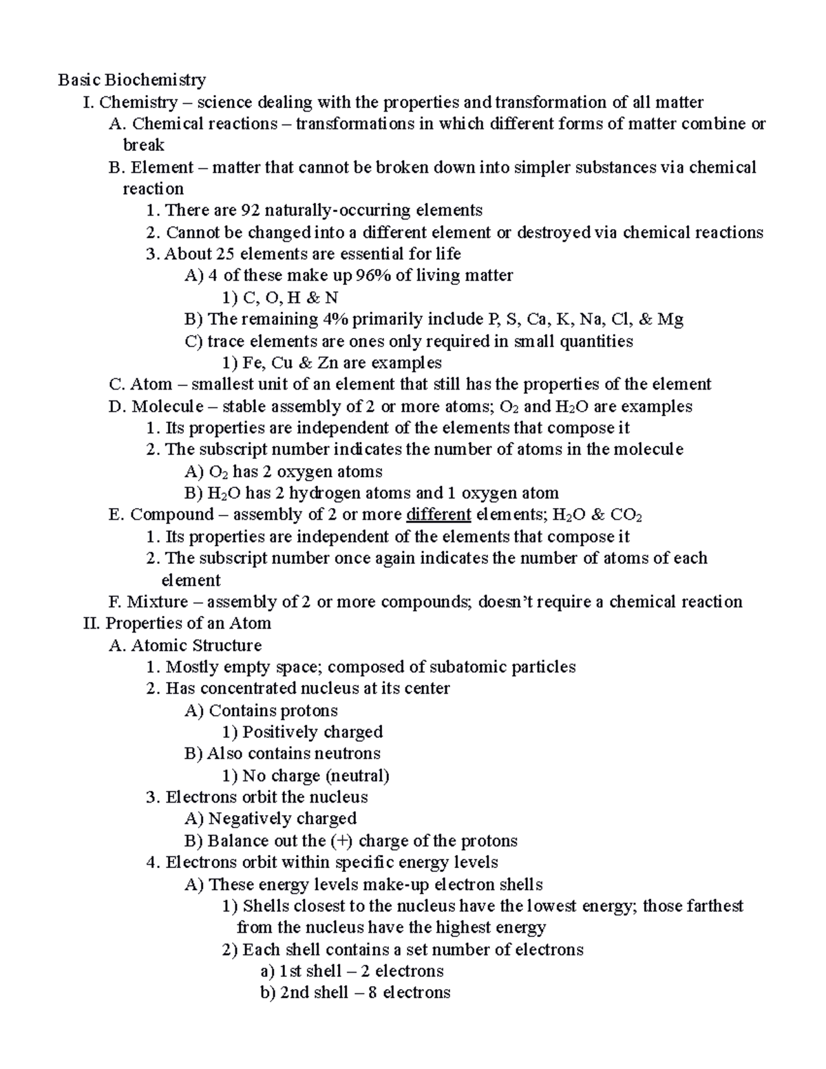 Basic Biochemistry Notes - Basic Biochemistry I. Chemistry – science ...