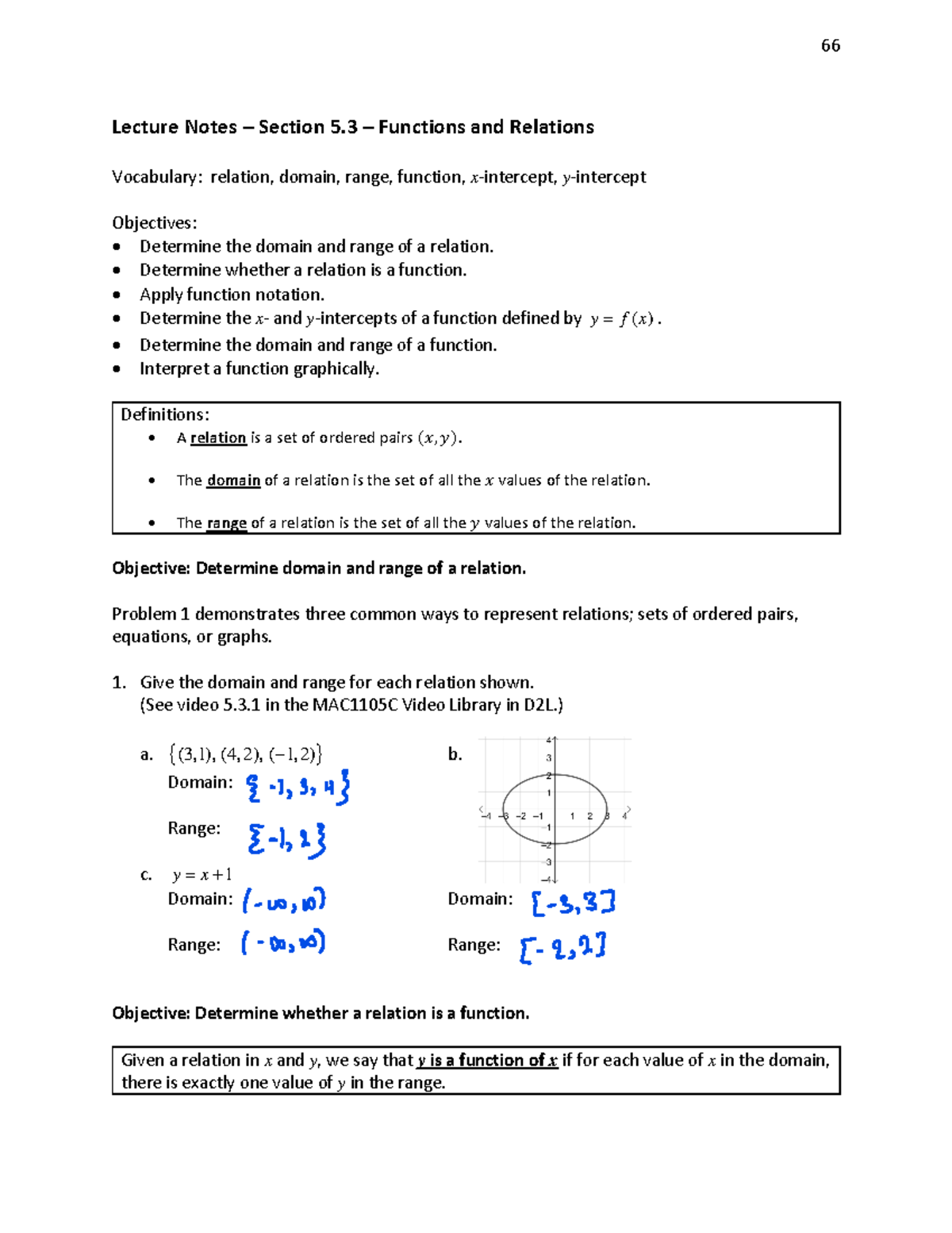 M1105c 53 Ln Functions And Relations W Pg Nums Lecture Notes Section 5 Functions And