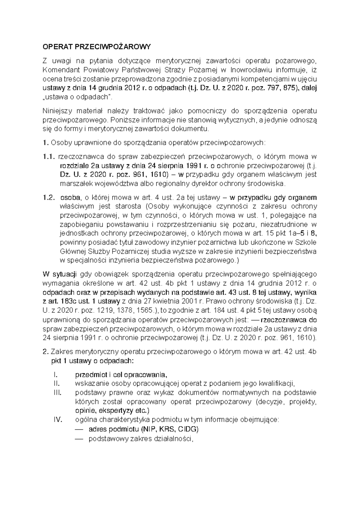 Operat przeciwpożarowy - OPERAT PRZECIWPOŻAROWY Z uwagi na pytania ...