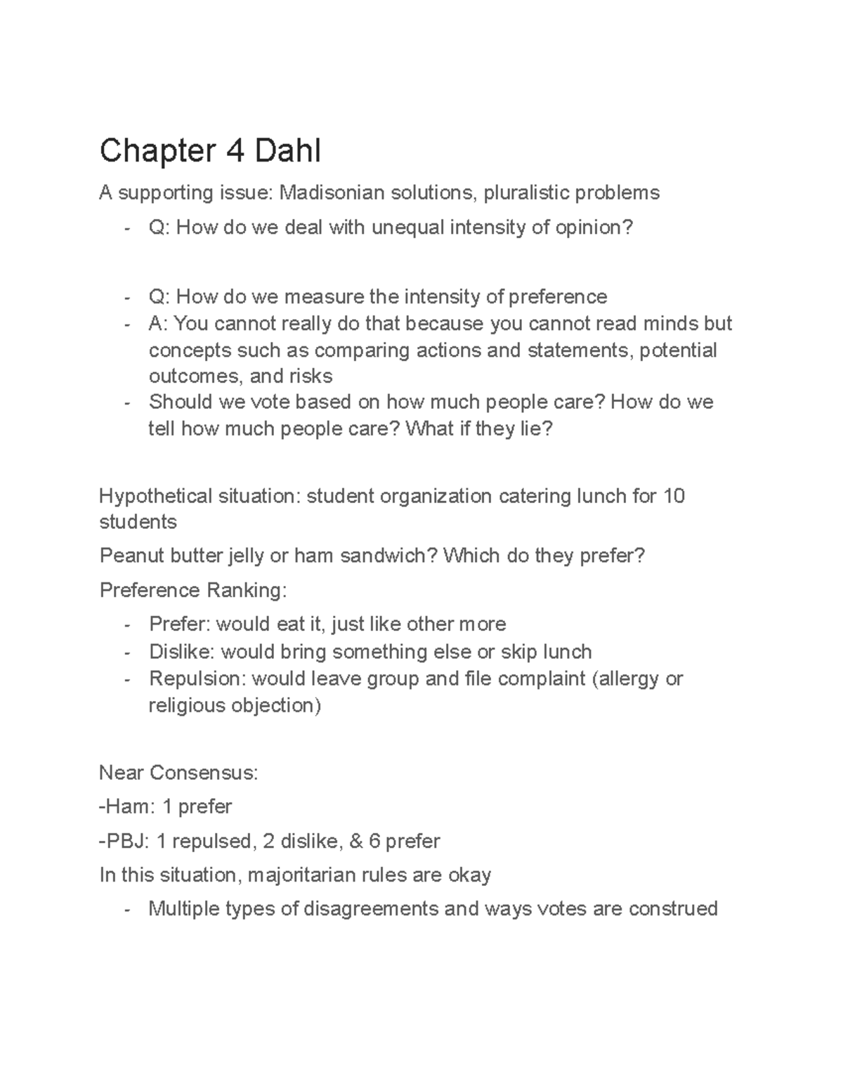 Chapter 4 Dahl Notes - Chapter 4 Dahl A supporting issue: Madisonian ...