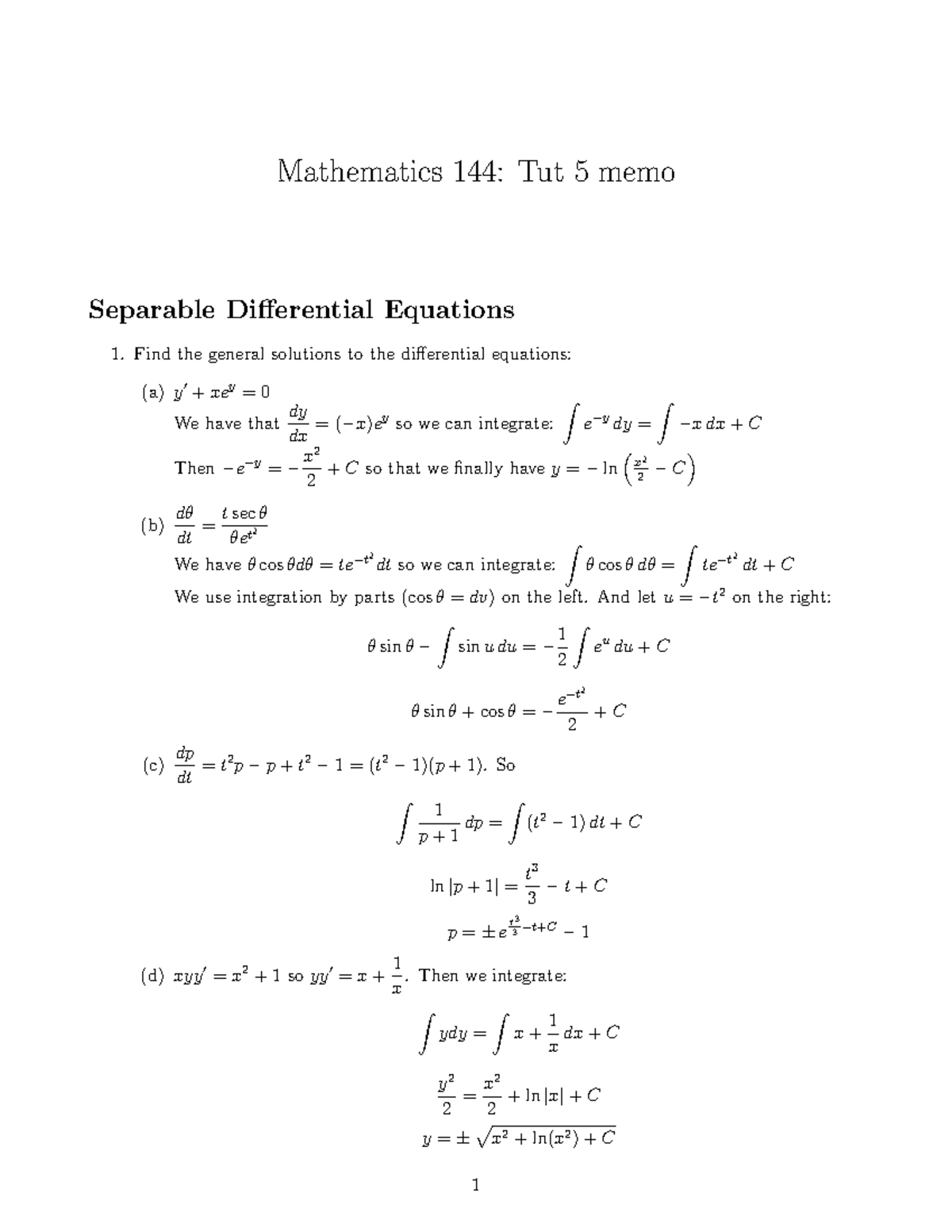 Tut 5 memo - Memo of Tutorial 5 - Mathematics 144: Tut 5 memo Separable Differential Equations ...