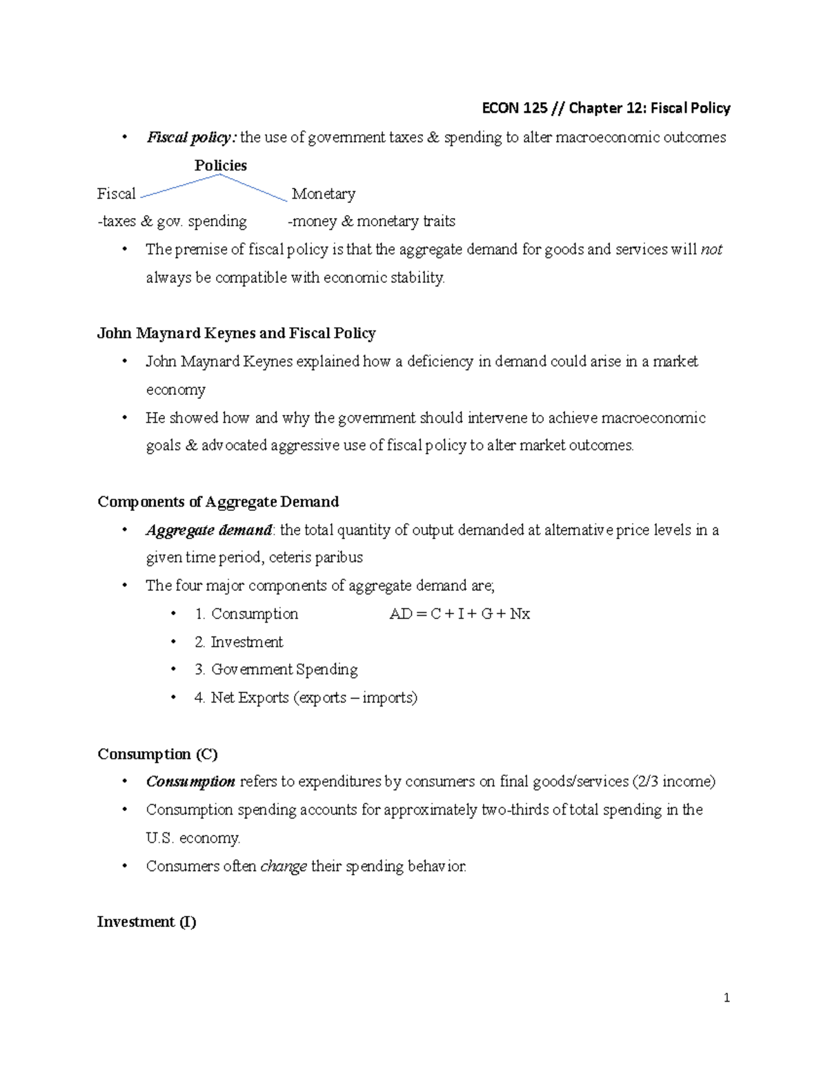 Ch 12- Lecture Notes - ECON 125 // Chapter 12: Fiscal Policy Fiscal ...