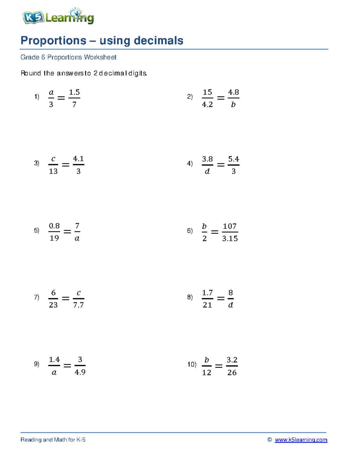 Proportions - using decimals Worksheet - Reading and Math for K-5 ...