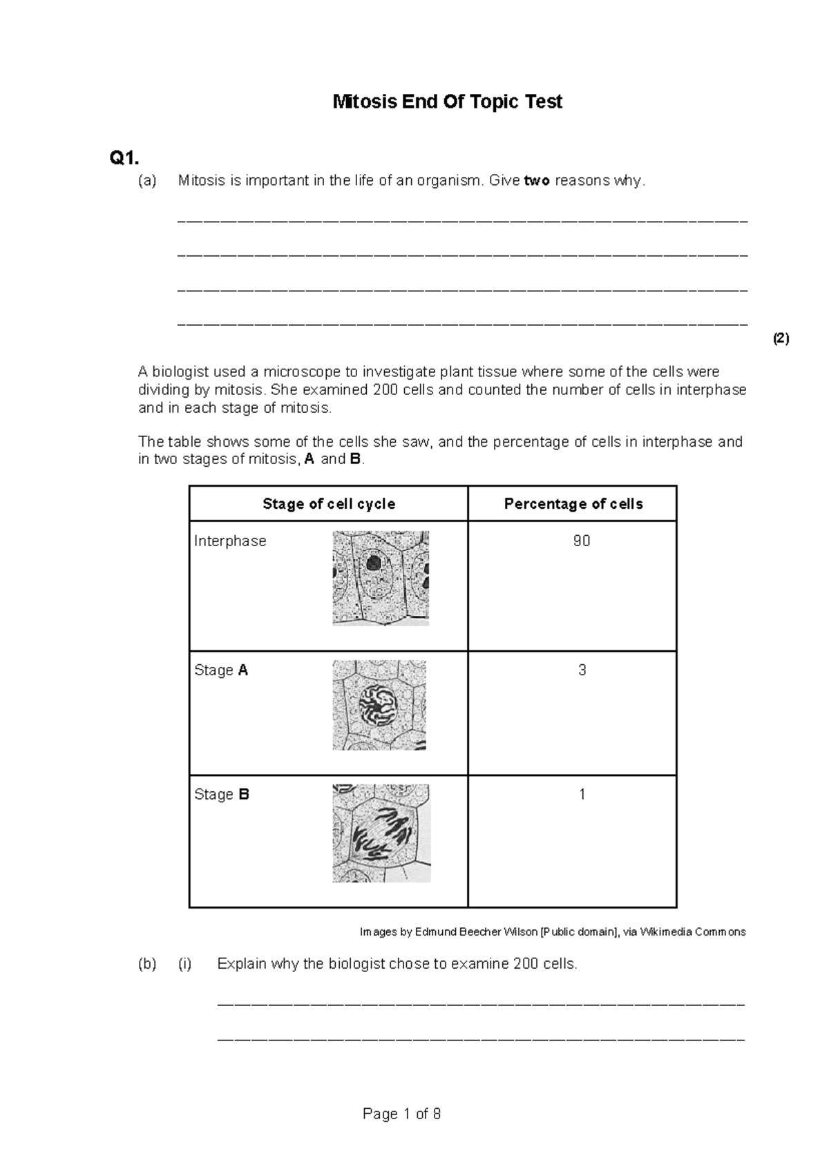Mitosis end of topic test - Mitosis End Of Topic Test Q1. (a) Mitosis ...