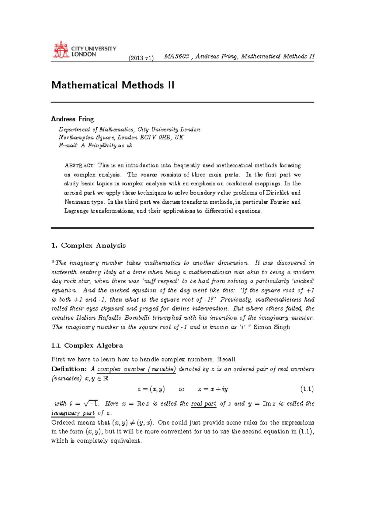 2013 Lecture Notes 2013 V1 Ma3603 Andreas Fring Mathematical Methods Ii Mathematical