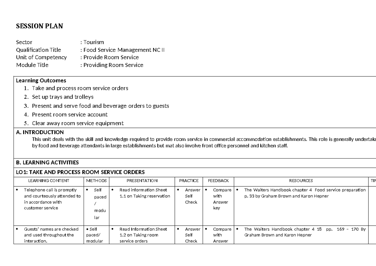 Session-PLAN-FBS NC II- CORE 5. Provide ROOM- Service - SESSION PLAN ...