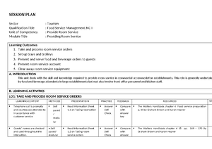 Session PLAN- FBS NC II-CORE 1- Prepare THE Dining Roomrestaurant AREA ...