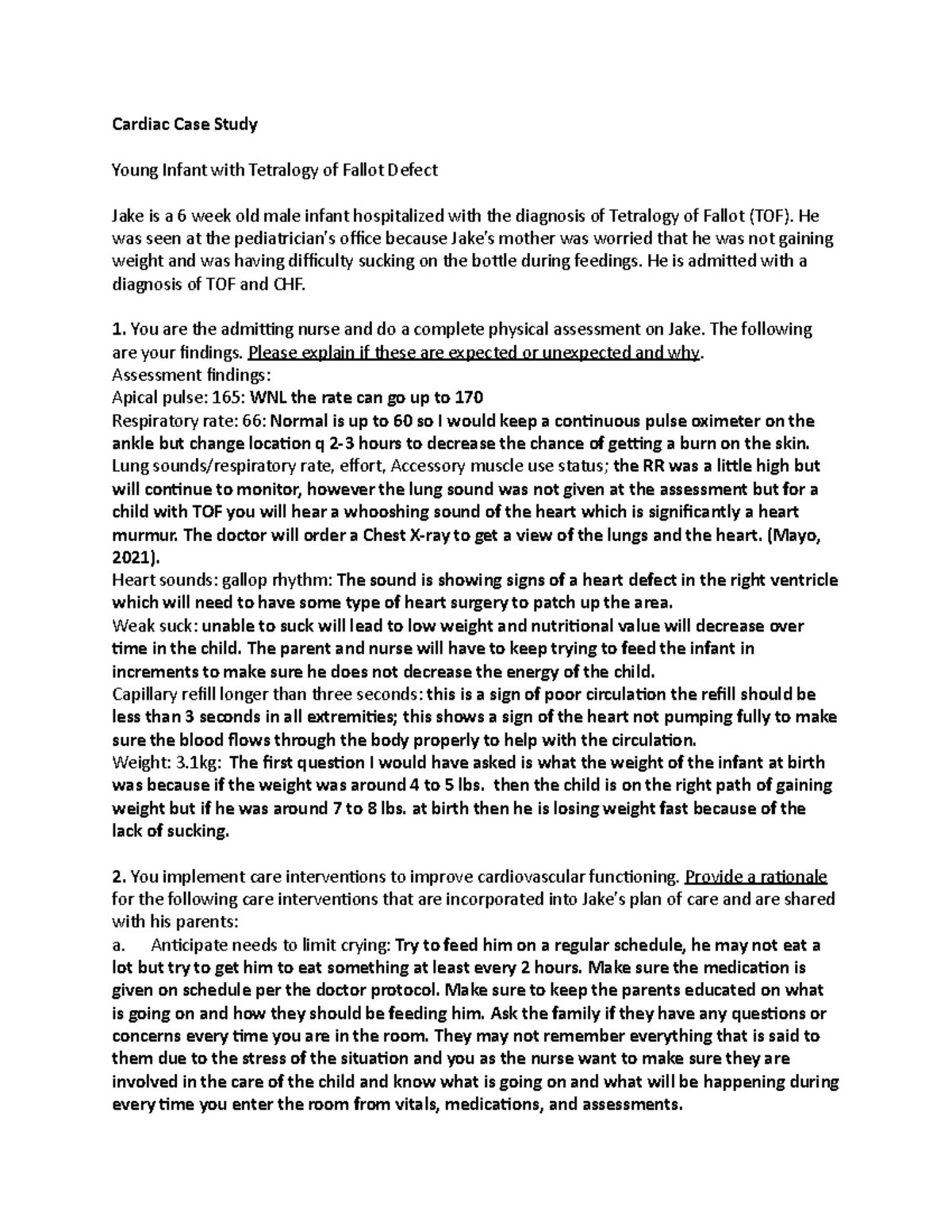 Cardiac Case Study 2022 Week # 9 - Cardiac Case Study Young Infant with ...
