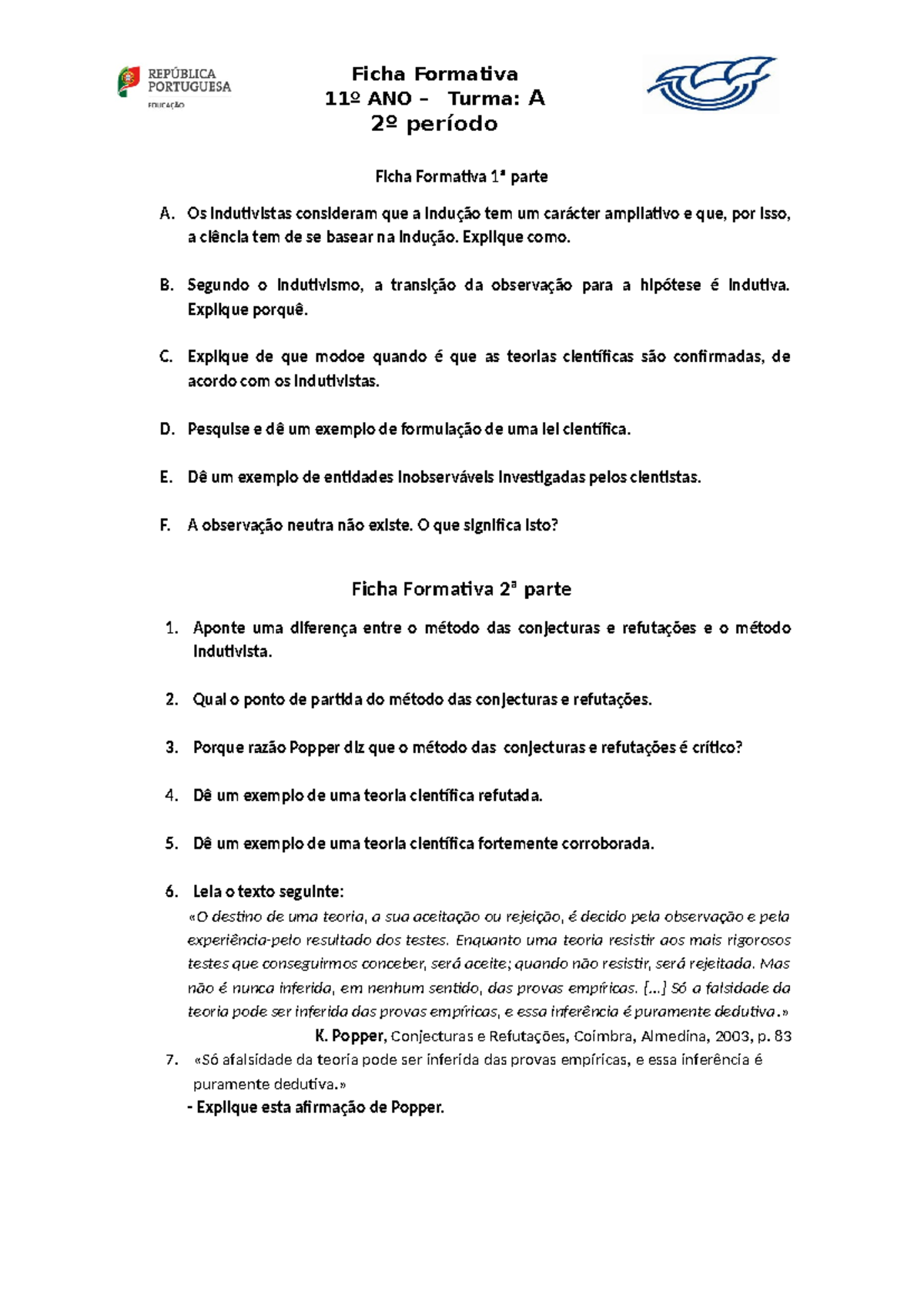 Ficha Formativa nº 3 Janeiro 24 - Ficha Formativa 11º ANO – Turma: A 2º período Ficha Formativa ...