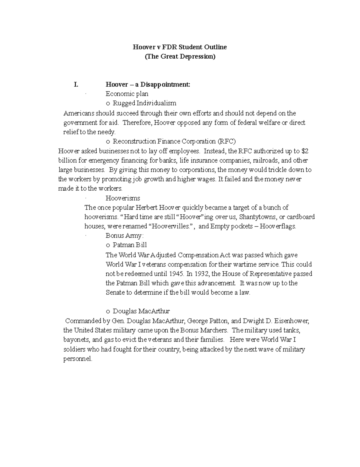 Hoover v FDR Student Outline Connor Rodgers - Hoover v FDR Student ...