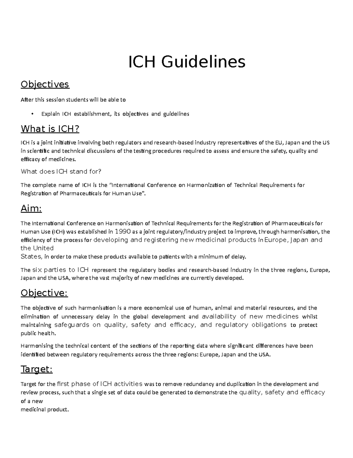 Chapter - 6 ICH Guidelines - ICH Guidelines Objectives After this ...