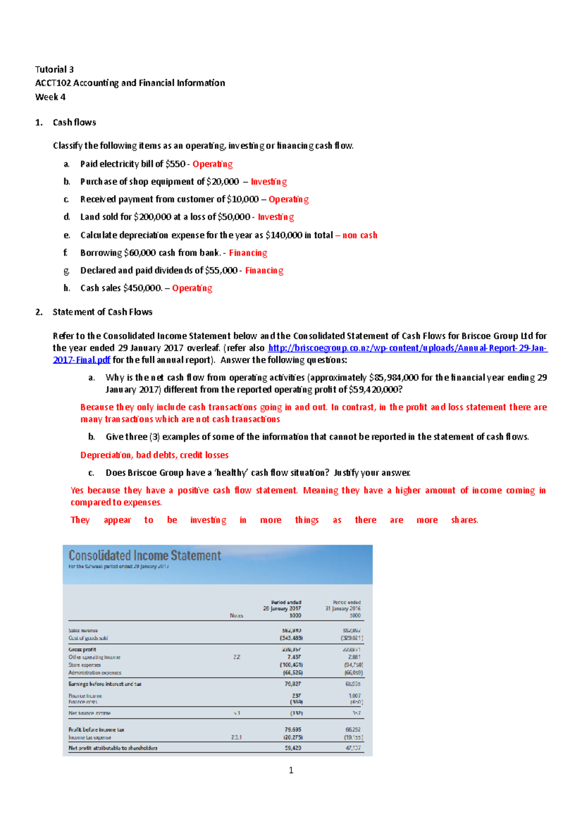 ACCT102 T3 - Tutorial 3 ACCT102 Accounting and Financial Information Week 4 Cash flows Classify ...