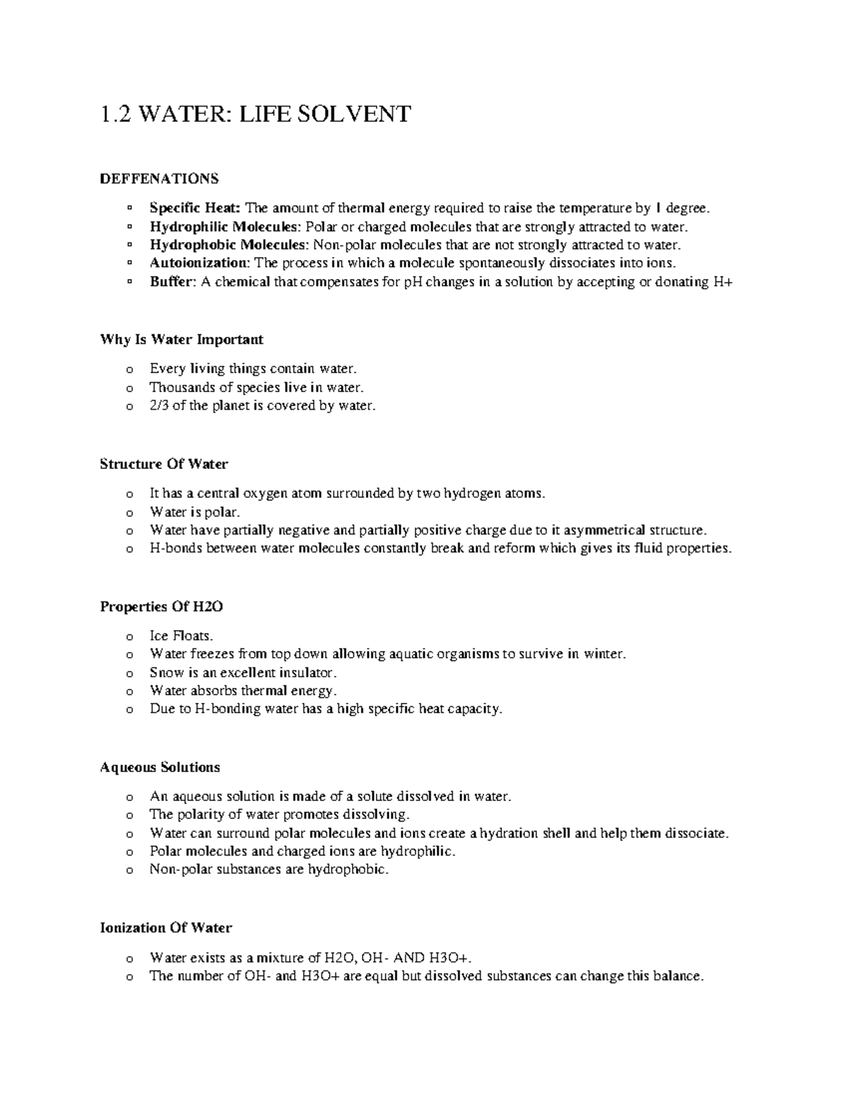 1.2 Water LIFE Solvent - notes - 1 WATER: LIFE SOLVENT DEFFENATIONS ...