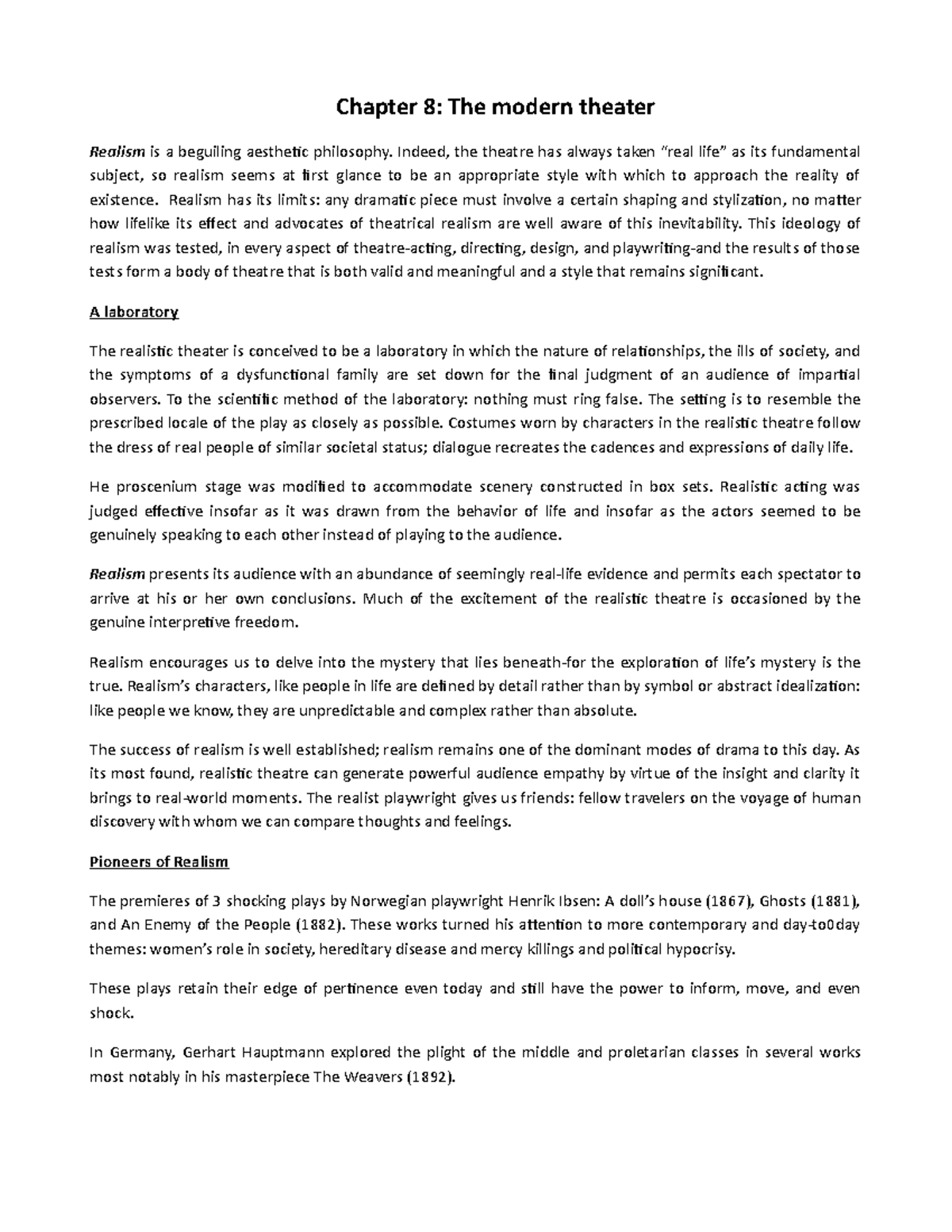 Chapter 8 - Lecture notes 8 - Chapter 8: The modern theater Realism is ...