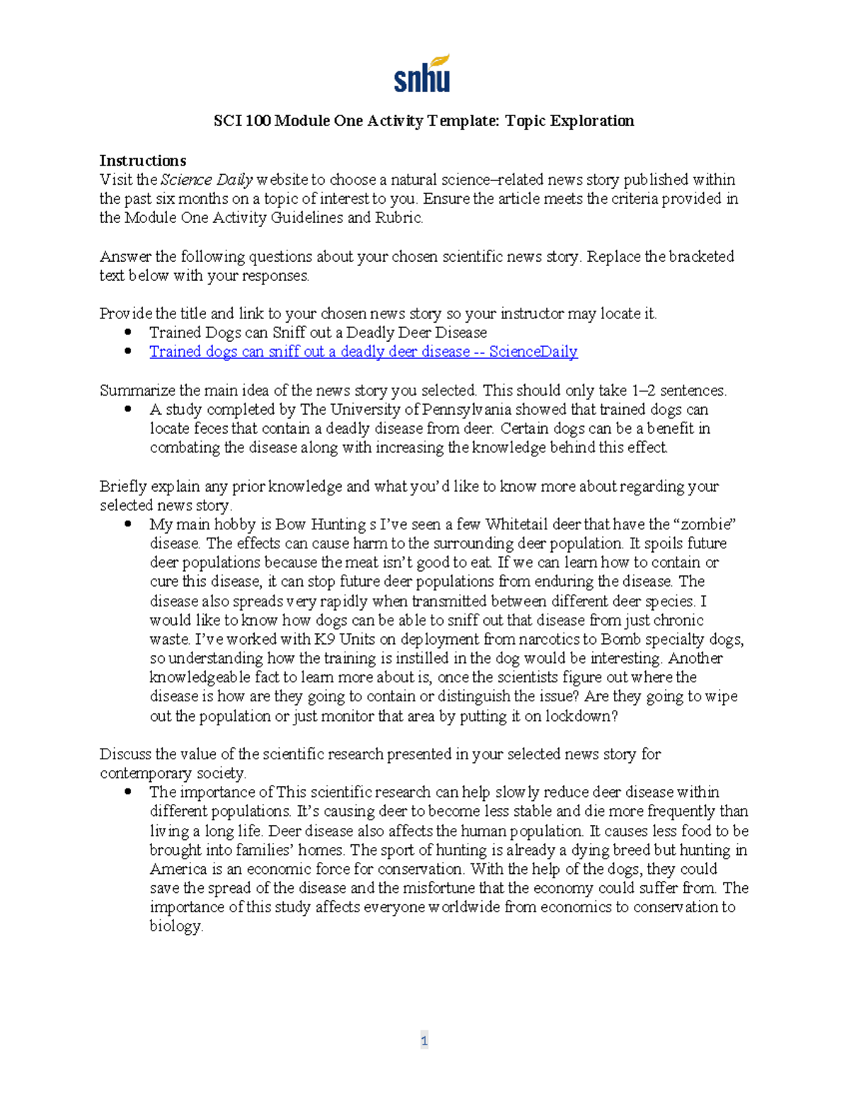 SCI100 MOD1 Template - SCI 100 Module One Activity Template: Topic Exploration Instructions ...