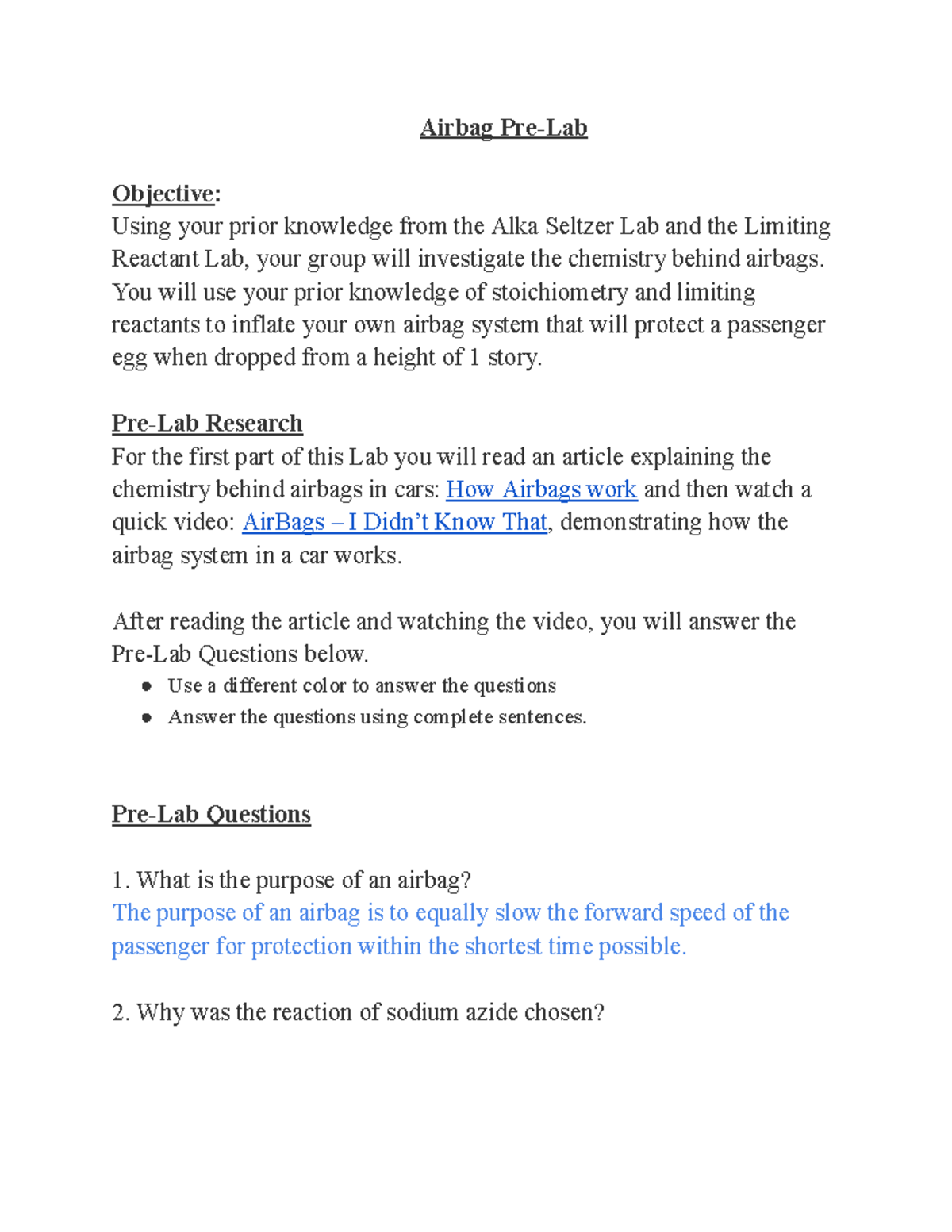 Airbag Pre-Lab - Pre Lab assignment to Air Bag Egg Lab - Airbag Pre-Lab ...