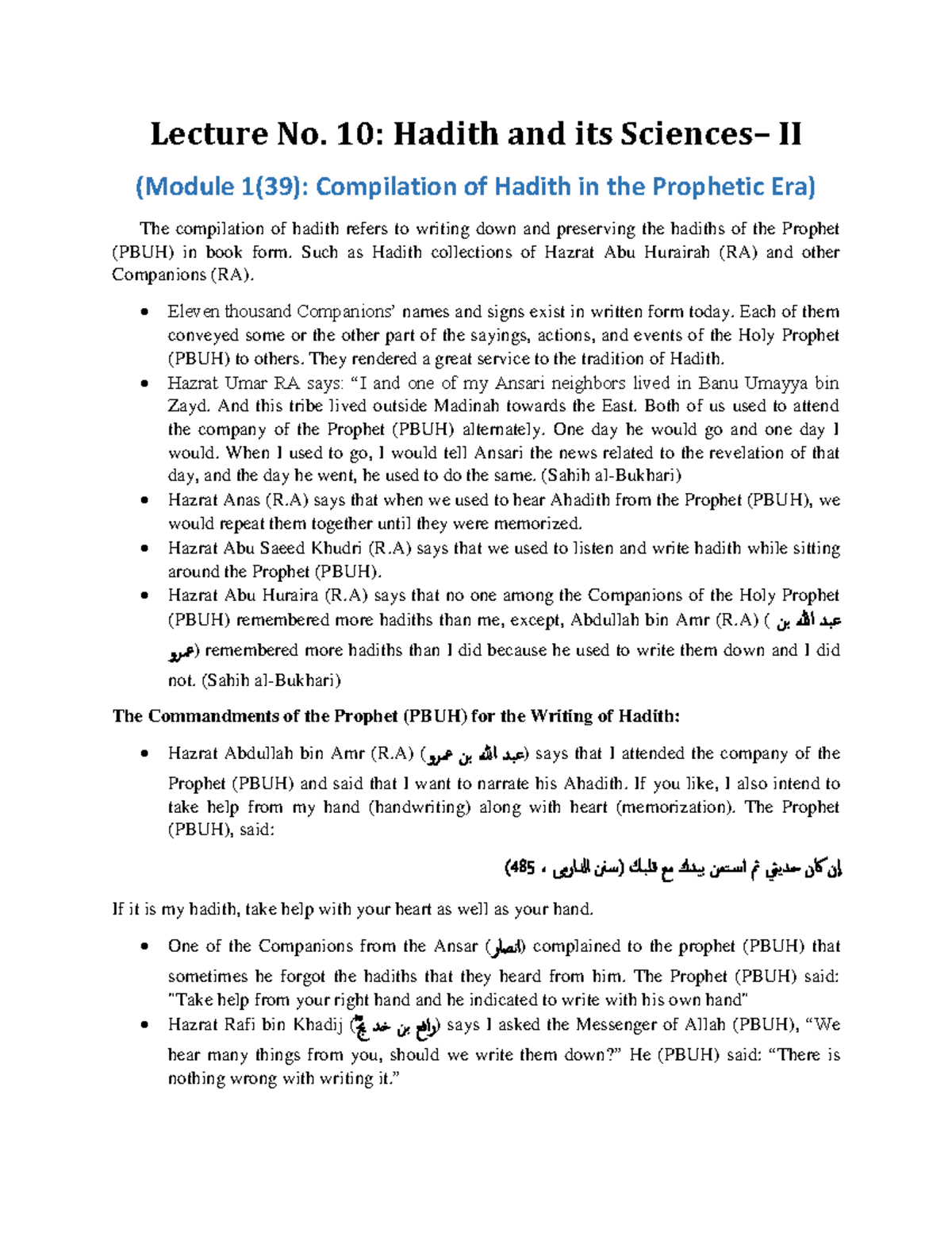 Handouts Lecture 10 ISL 202 (English)) - Lecture No. 10: Hadith and its ...