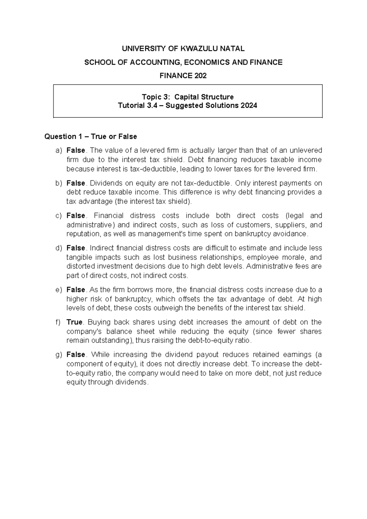 FINA202 TUT 3.4 Suggested Solutions - UNIVERSITY OF KWAZULU NATAL ...