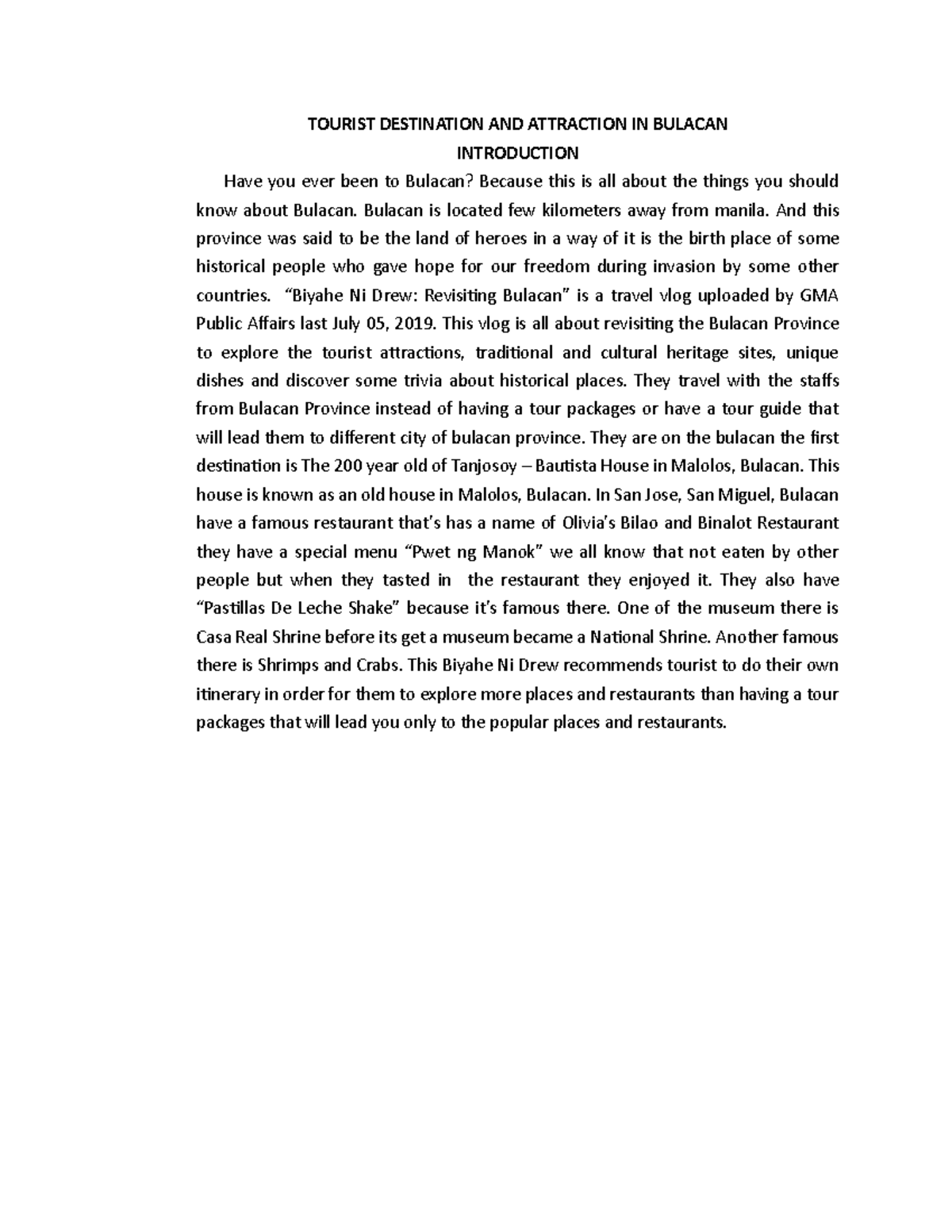 Tourist Destination and Attraction (Bulacan) - Tourism - Studocu