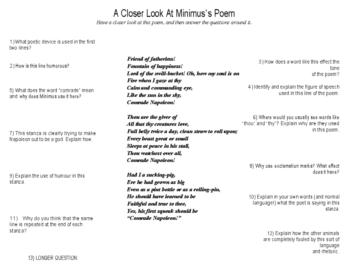 Af a closer look at minumuss poem worksheet - A Closer Look At Minimus ...