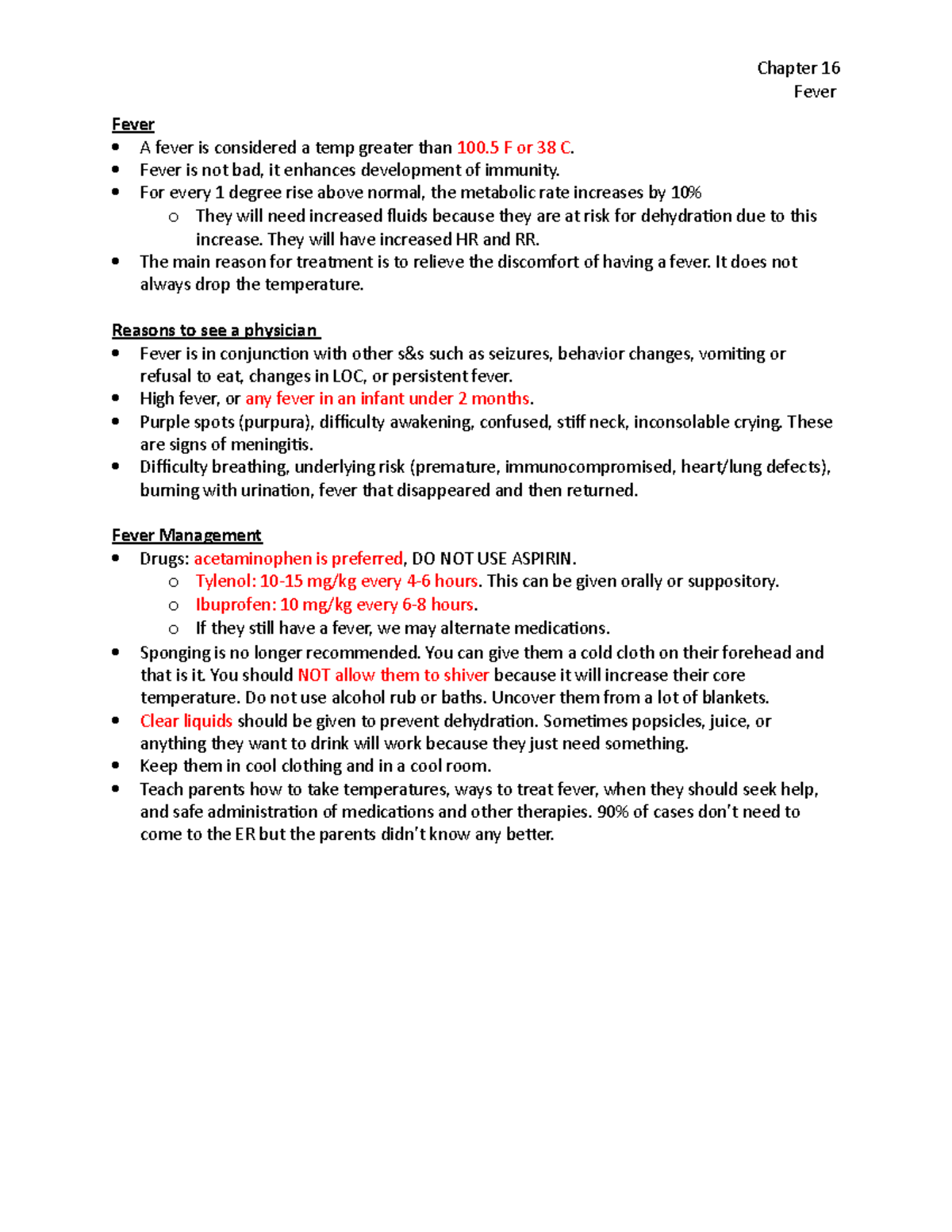 Fever Outline - Exam 1 Notes Course taught by Jennifer Schmitz Textbook ...