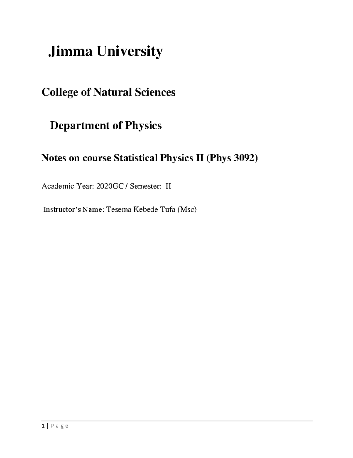 Statistical Physics II - Lecture note - Jimma University College of ...