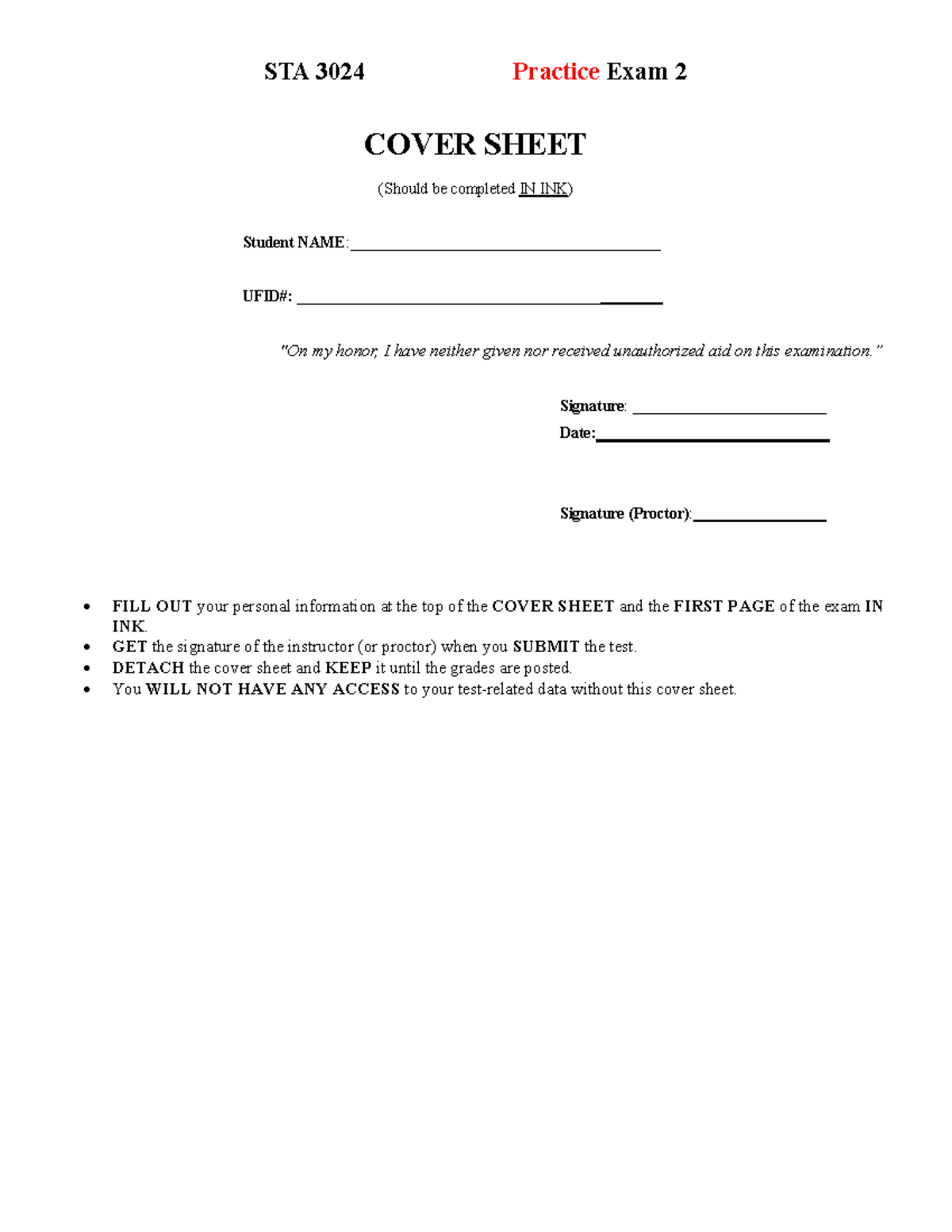STA3024 Exam2 Practice - STA 3024 Practice Exam 2 COVER SHEET (Should ...