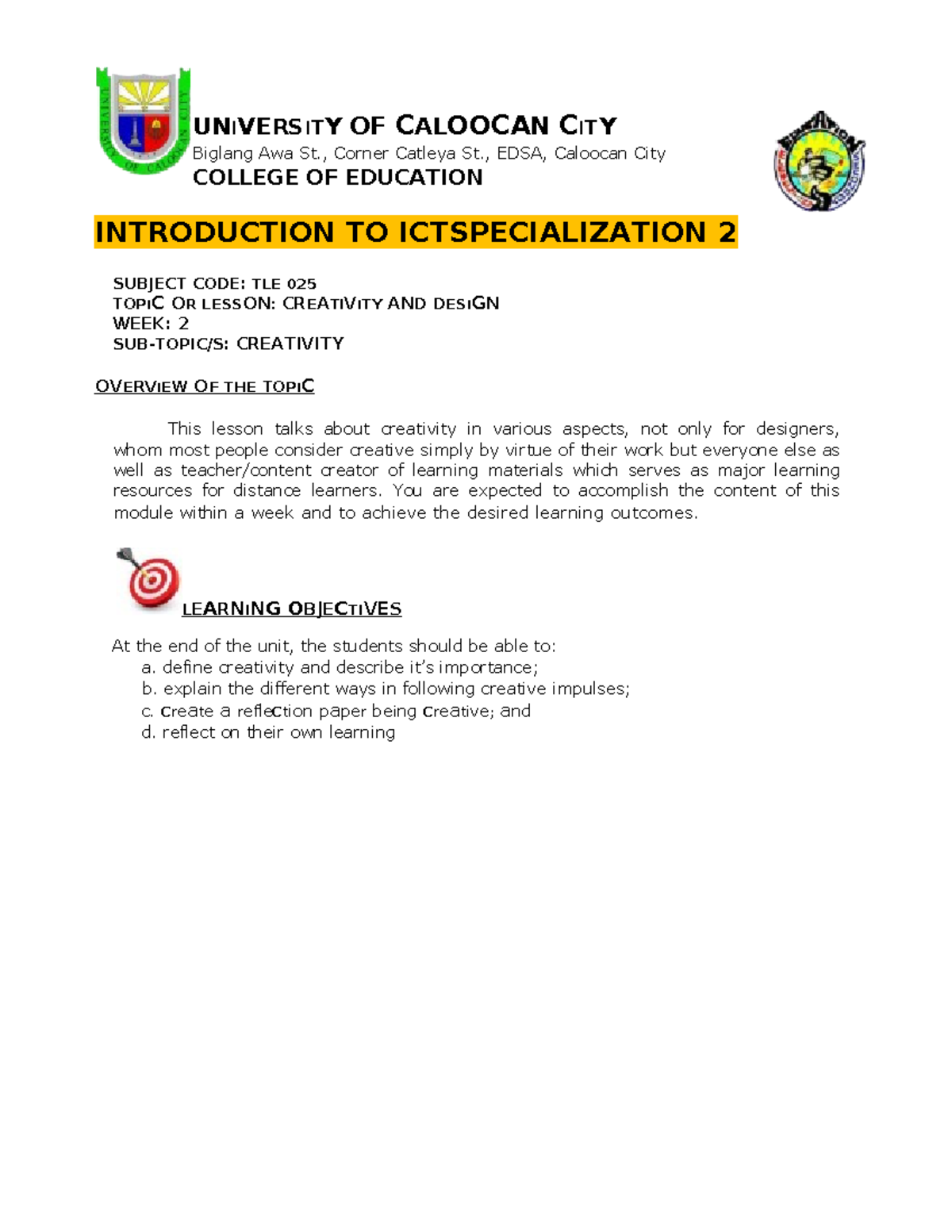 Module 1 Week 2 Creativity TLE 025 Introduction to ICT Specialization 2 ...