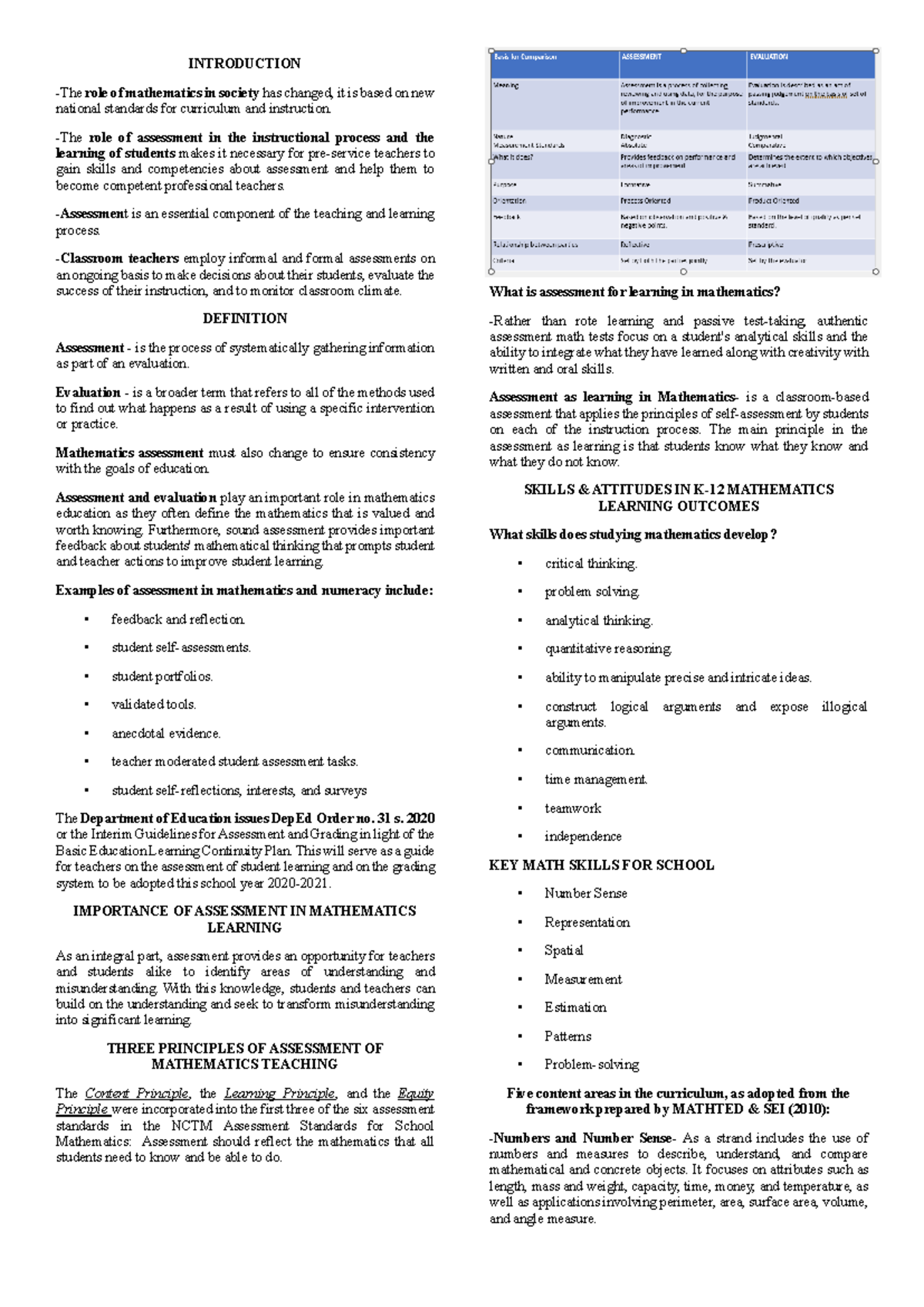 Assessment AND Evaluation Reviewer - INTRODUCTION The role of ...